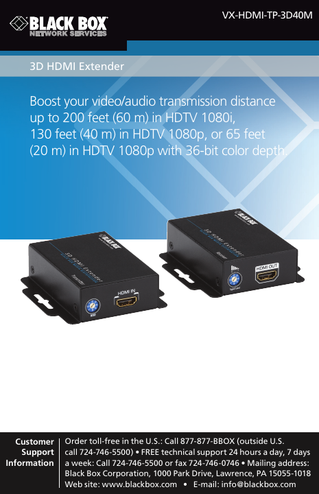 Black Box Network Hardware 3D Hdmi Extender Users Manual