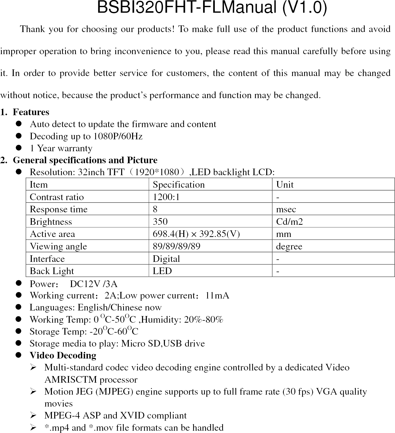 Bluefin Technology BSBI320FHTFL AD Player User Manual Manual