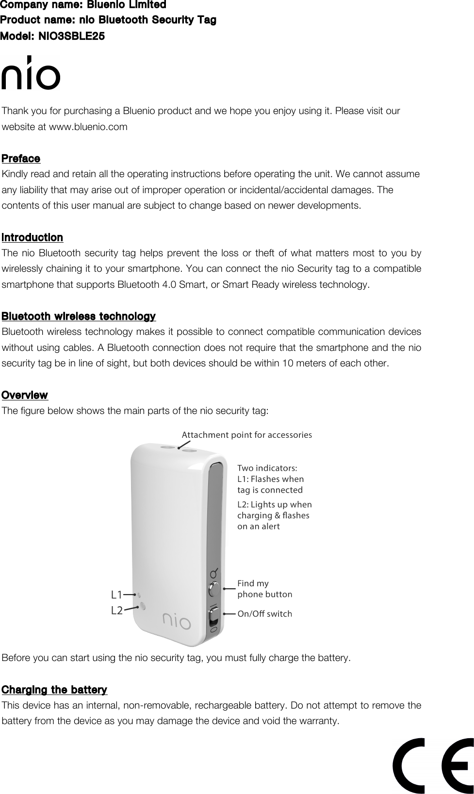 Bluenio NIO3S nio Bluetooth Security Tag User Manual nio 3s User guide