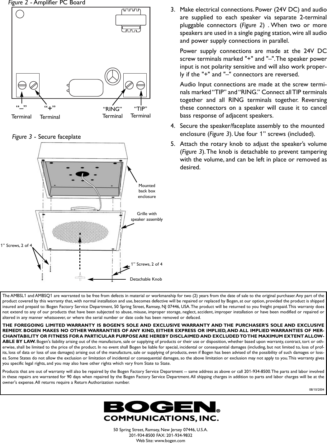 Bogen Imaging Inc Car Speaker Ambsl 1 Users Manual AMBSL1 & AMBSQ1 Self ...