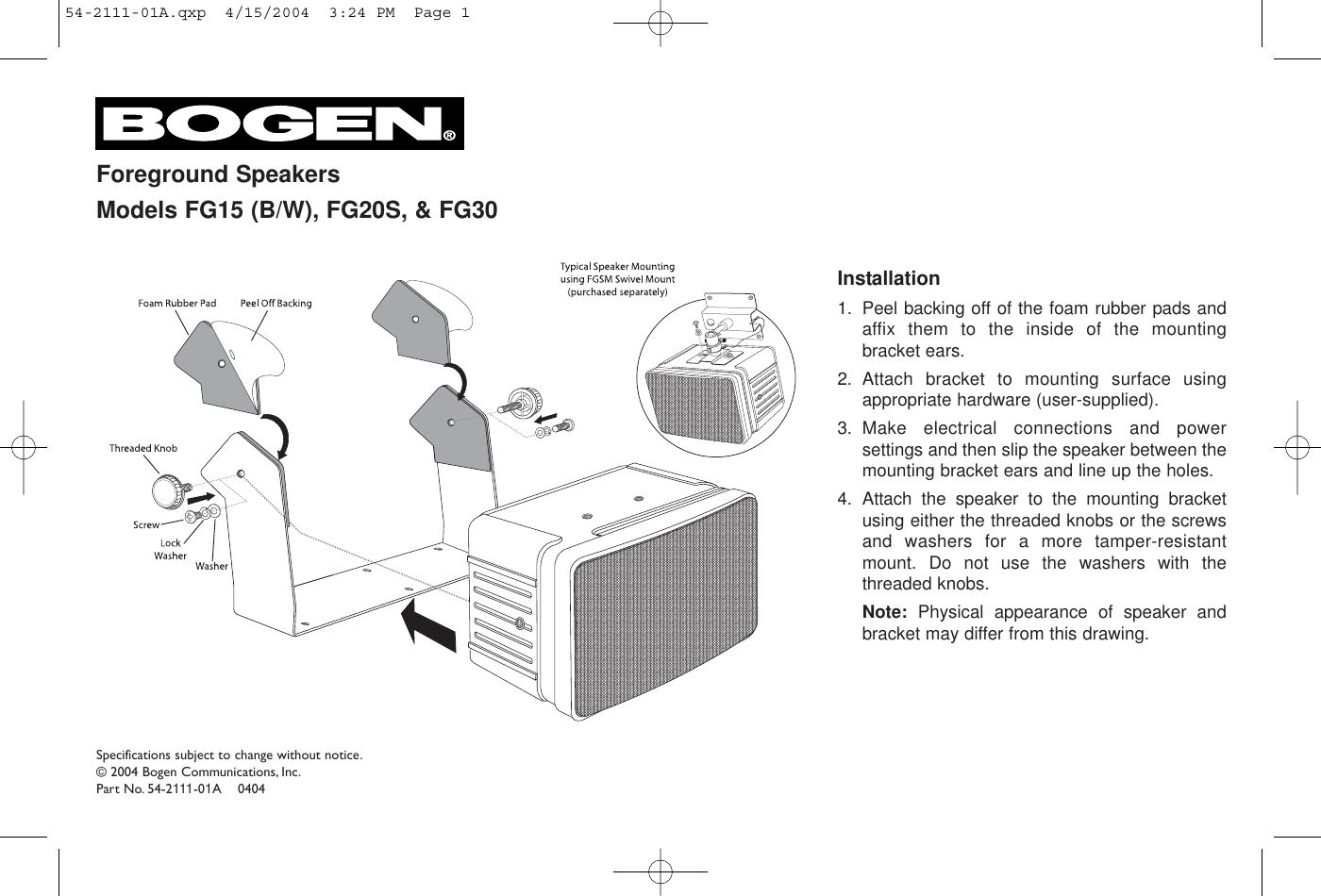 Bogen Communications Speaker W Users Manual FG15 FG20 FG30 Foreground ...