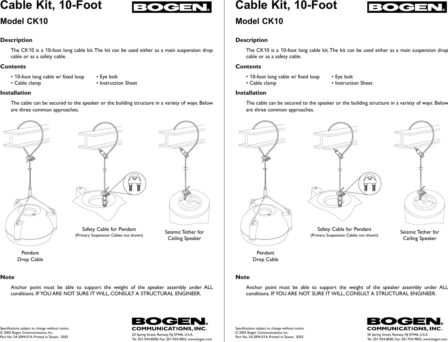 Bogen Communications Stereo System Ck10 Users Manual 10 Foot Cable Kit