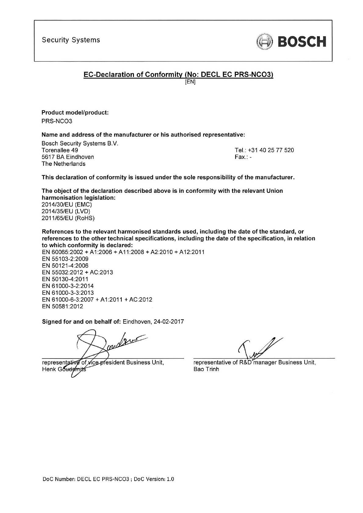 Bosch Declaration Of Conformity DEC CE PRS NCO3 Certificate EU En US ...