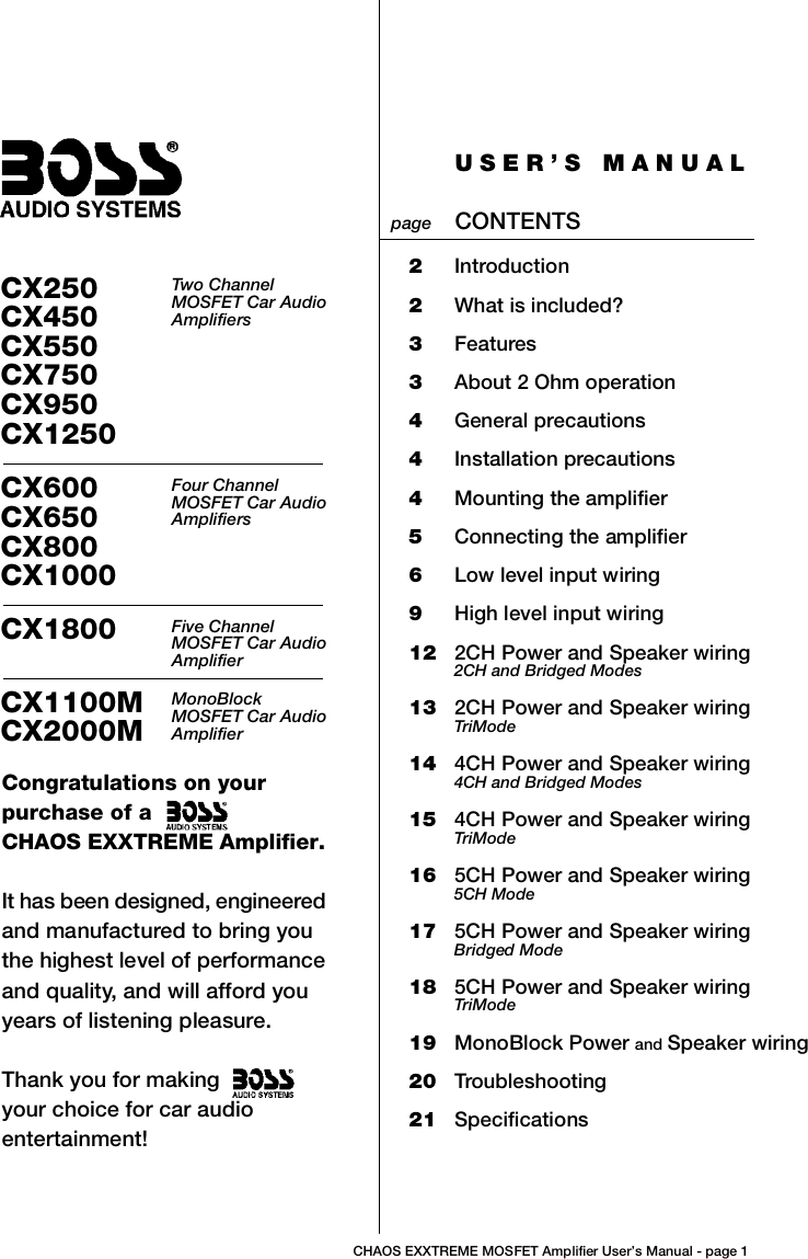 Boss Audio Systems Car Amplifier Cx1000 Users Manual CHAOS MOSFET AMP