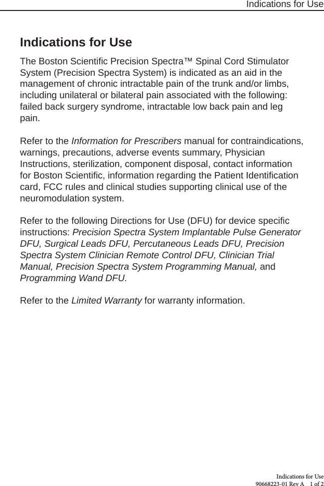 Boston Scientific Neuromodulation SC1132 SC-1132 User Manual 90668223 01 Indications US indd