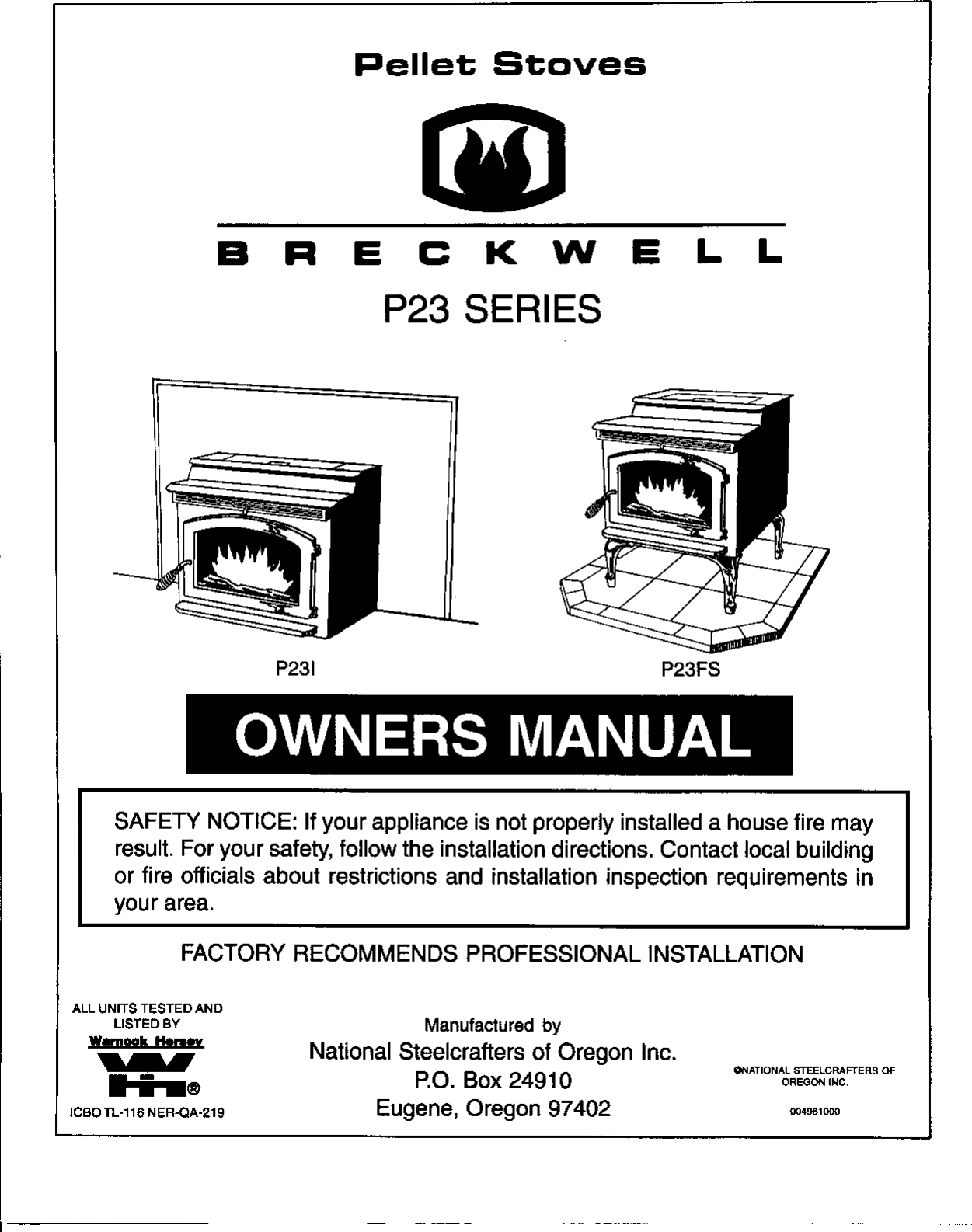 Breckwell P23Fs Users Manual P23 Sonora Pellet Stove Owner's 1997 & 1998