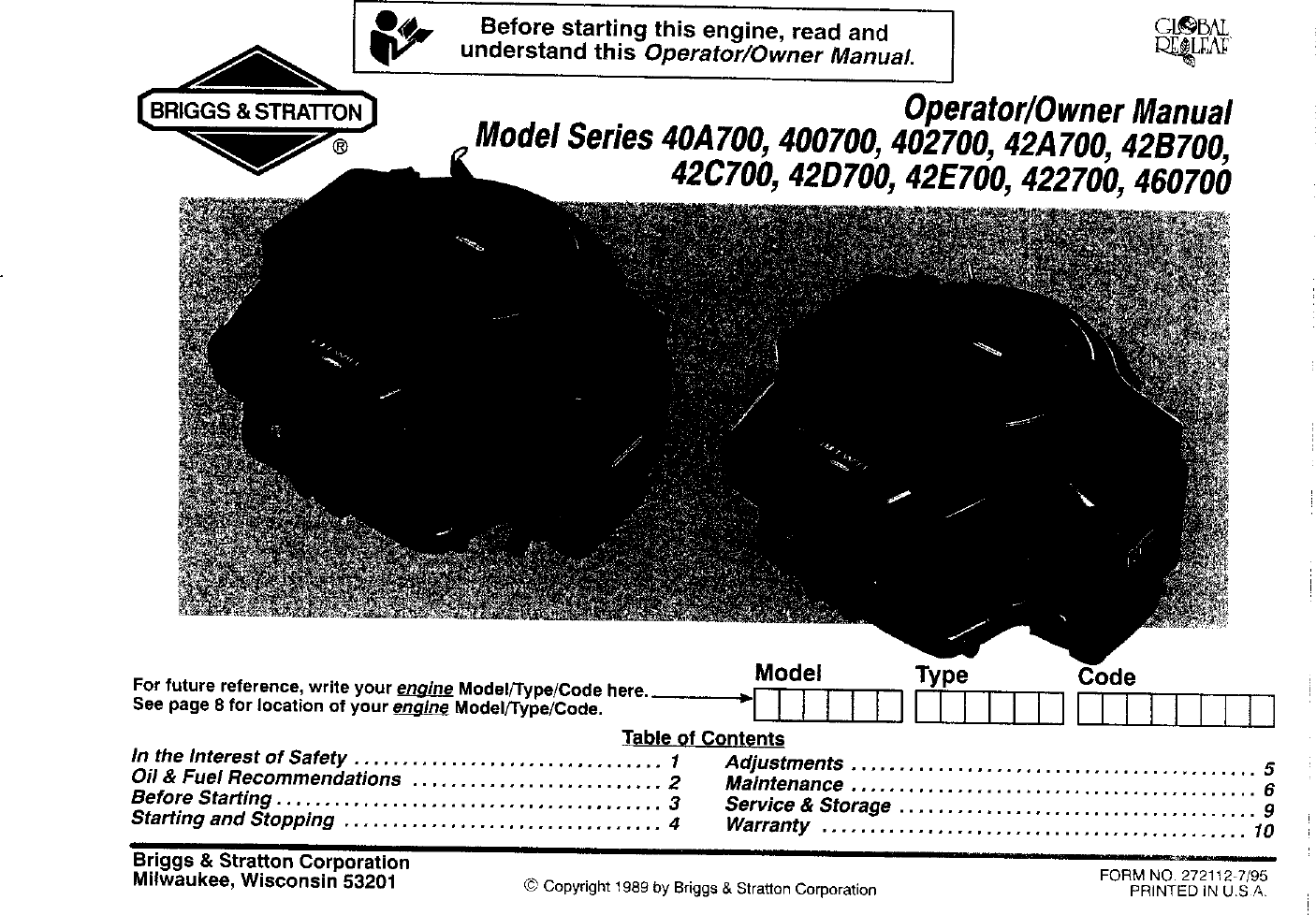 Briggs And Stratton 400700 Users Manual