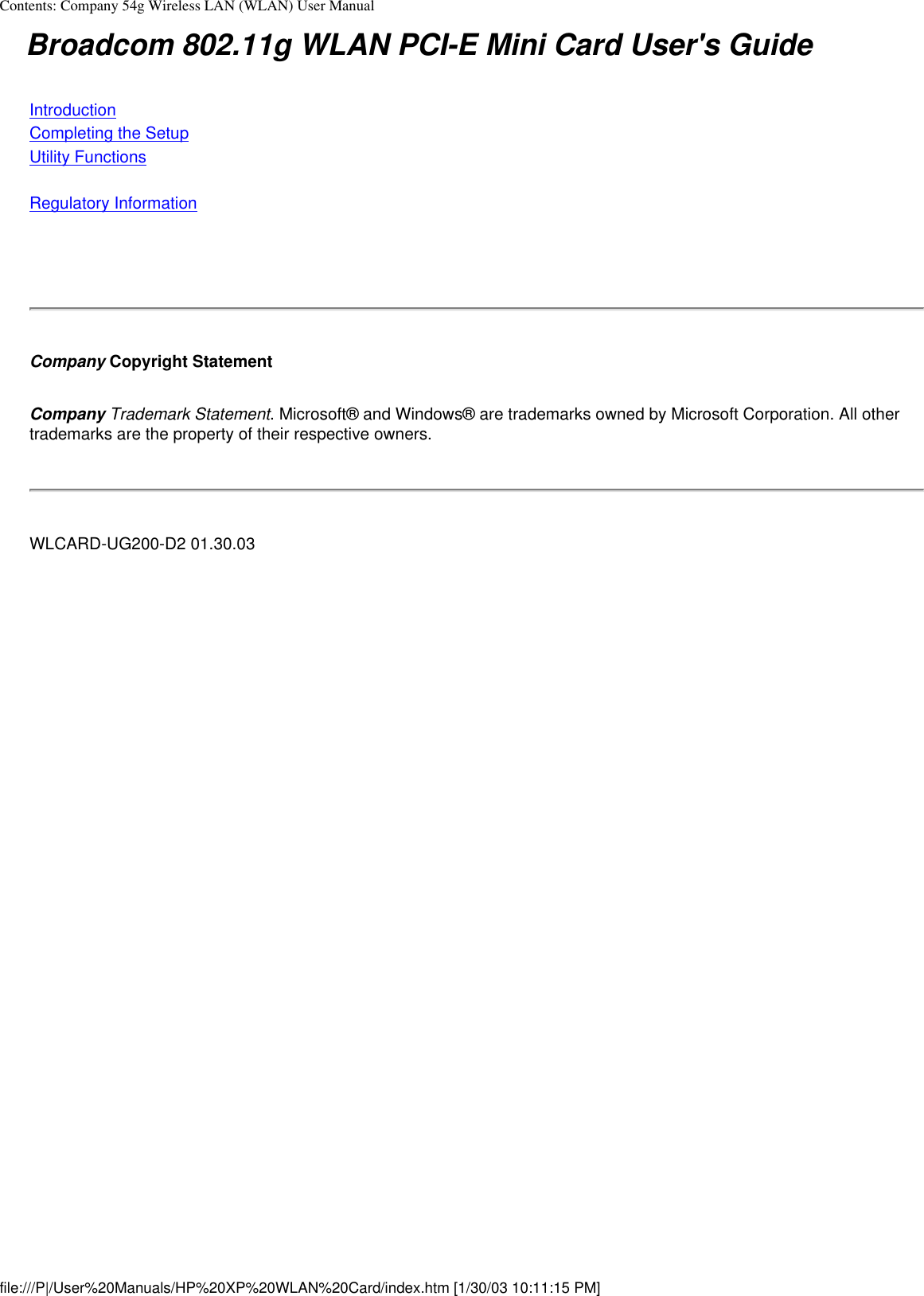 Broadcom BRCM1020 802.11g Wireless LAN PCI-E Mini Card User Manual