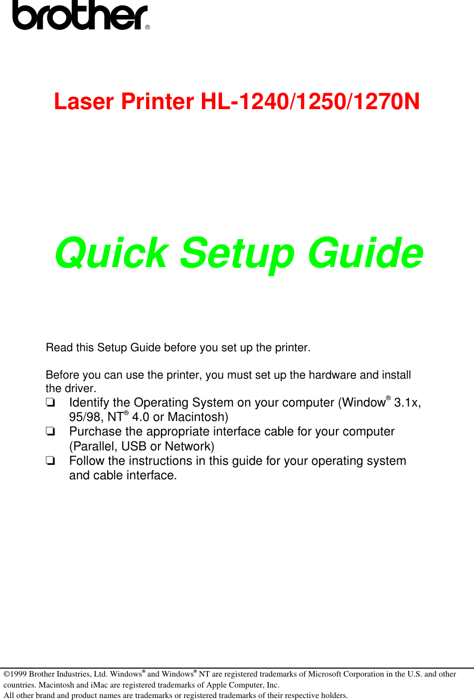 Brother Hl 1240 Quick Start Guide