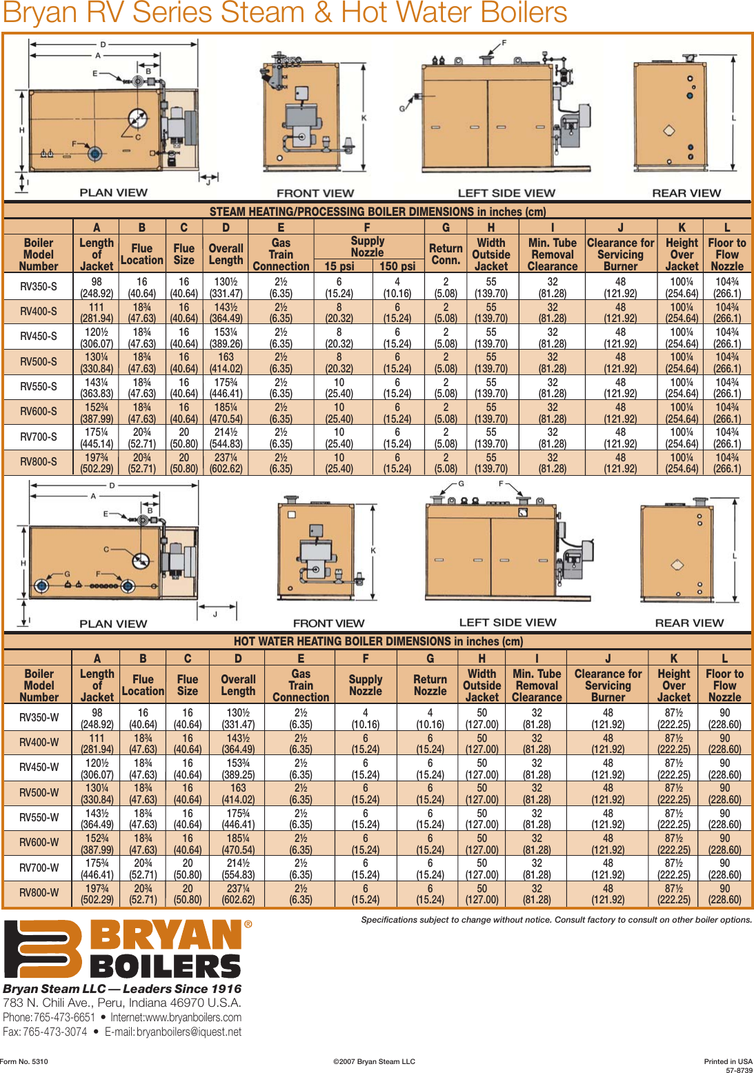 Bryan Boilers Rv Series Users Manual Bys8739 Series; Form 5310