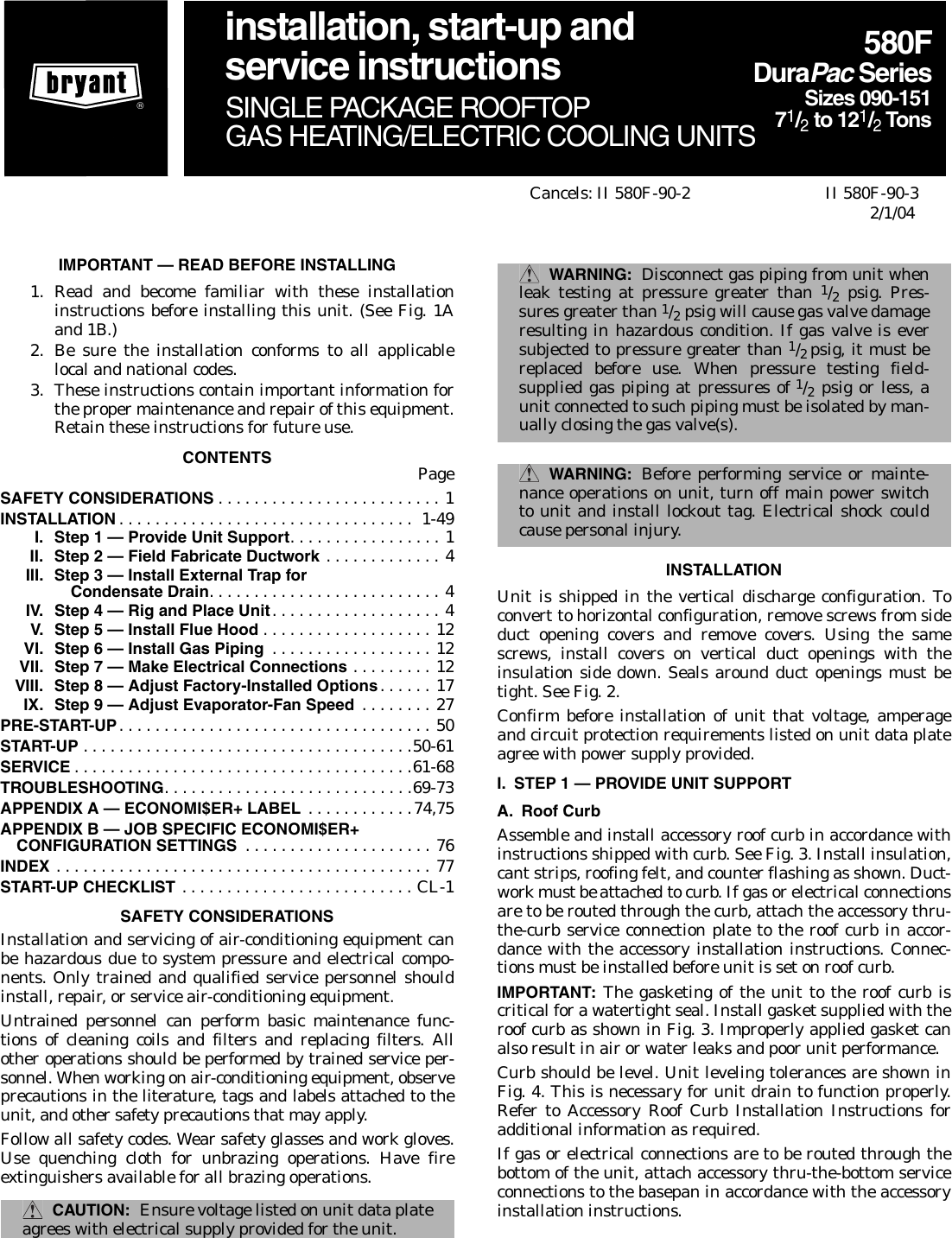 Bryant Durapac 580F Users Manual