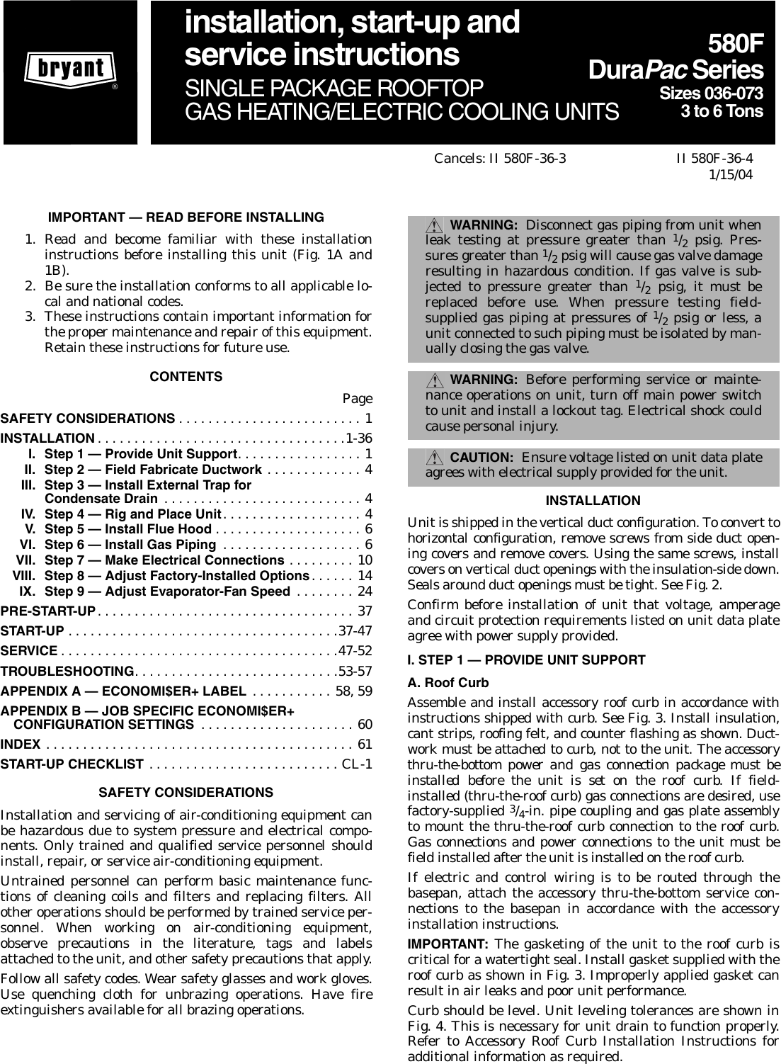 Bryant Durapac Series 580F Users Manual