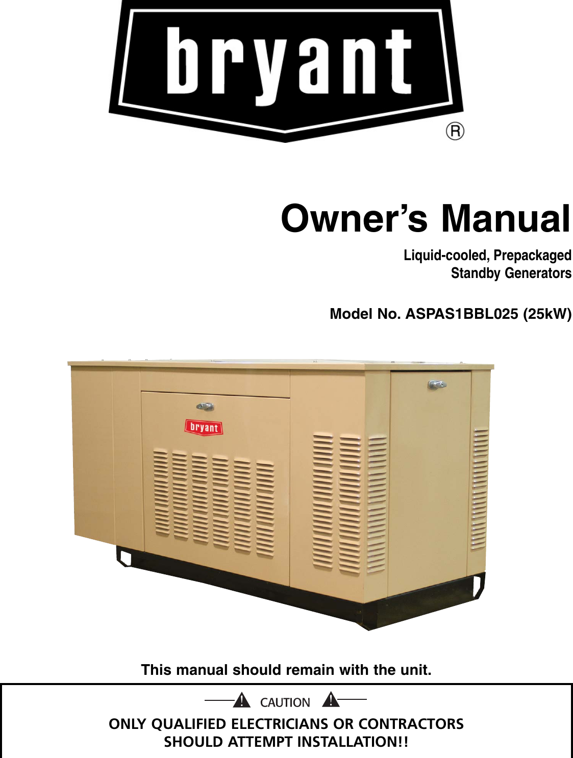 Bryant Liquid Cooled Prepackaged Standby Generators Aspas1Bbl025 Users ...