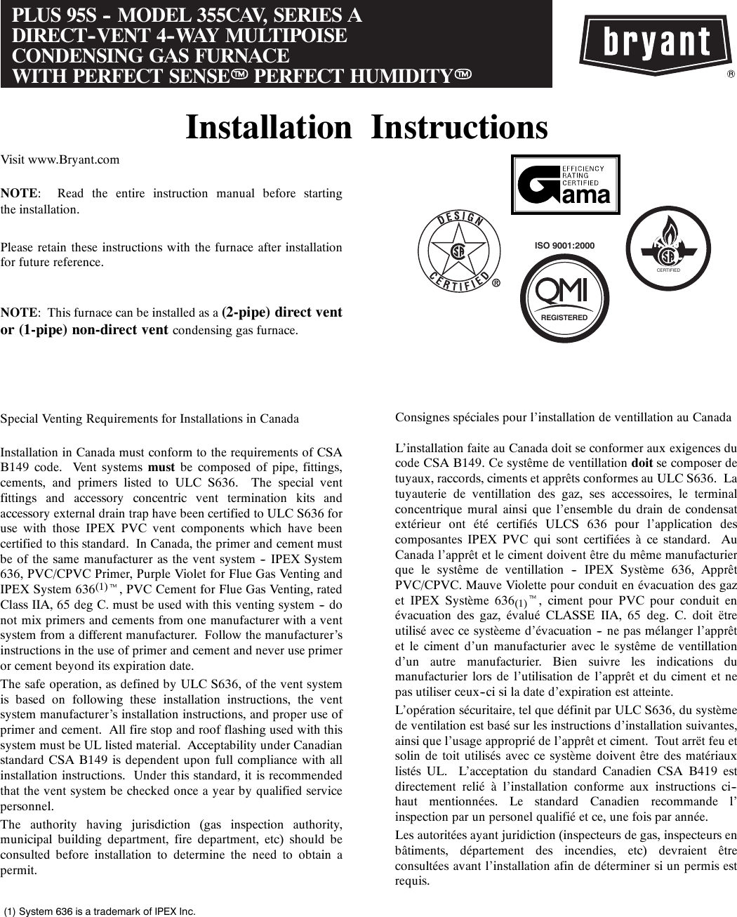 Bryant Series A 355Cav Users Manual II355CAV 060 4