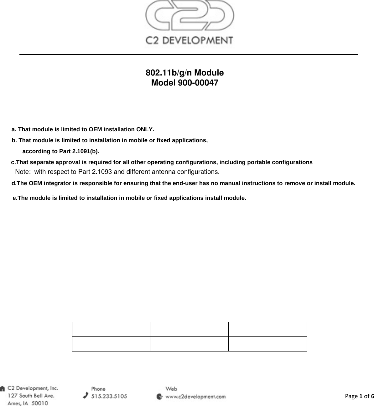 C2 Development 90000047 802.11b/g/n (2.4GHz only) Module User Manual ...