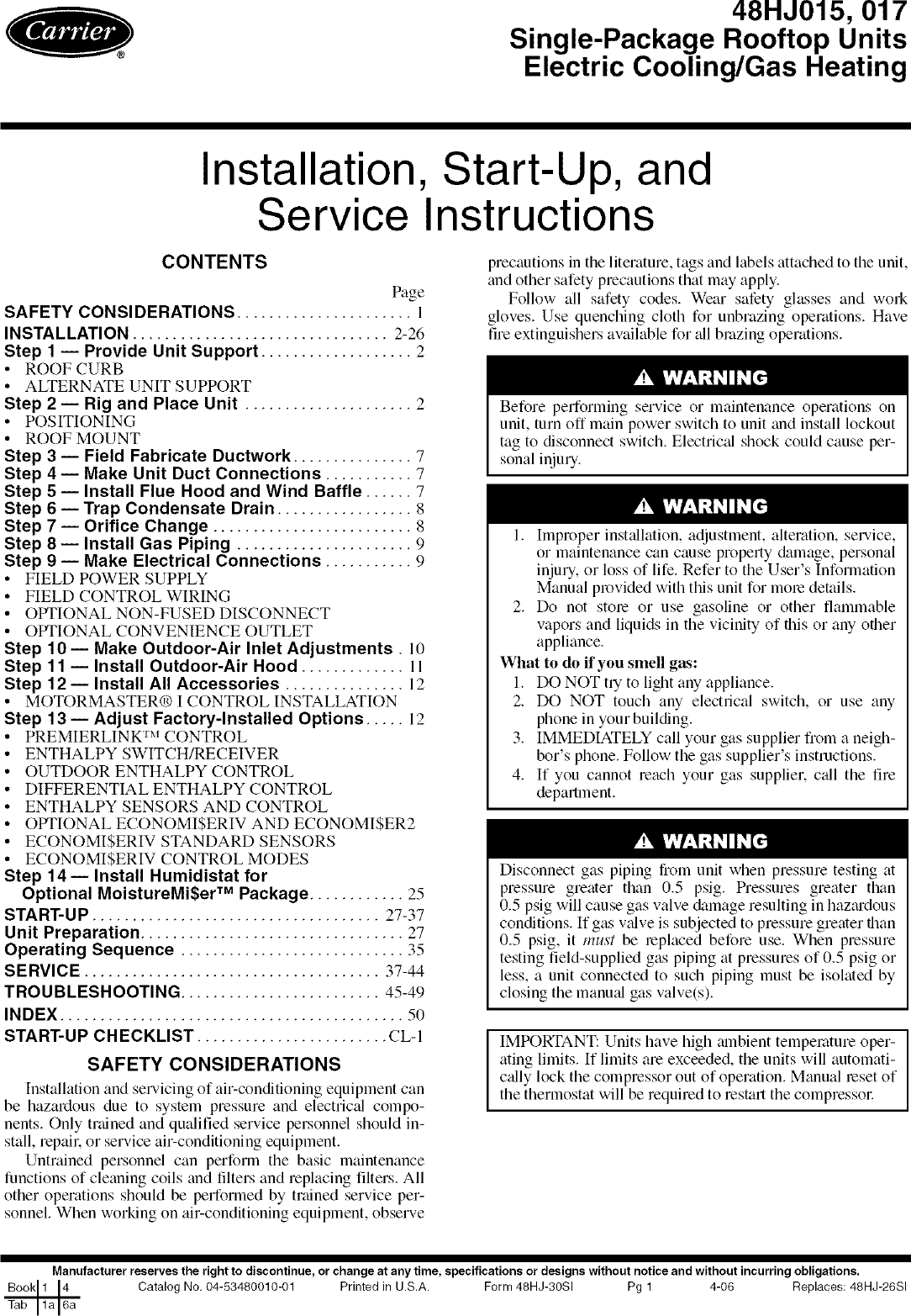CARRIER Package Units(both Units Combined) Manual L0606340