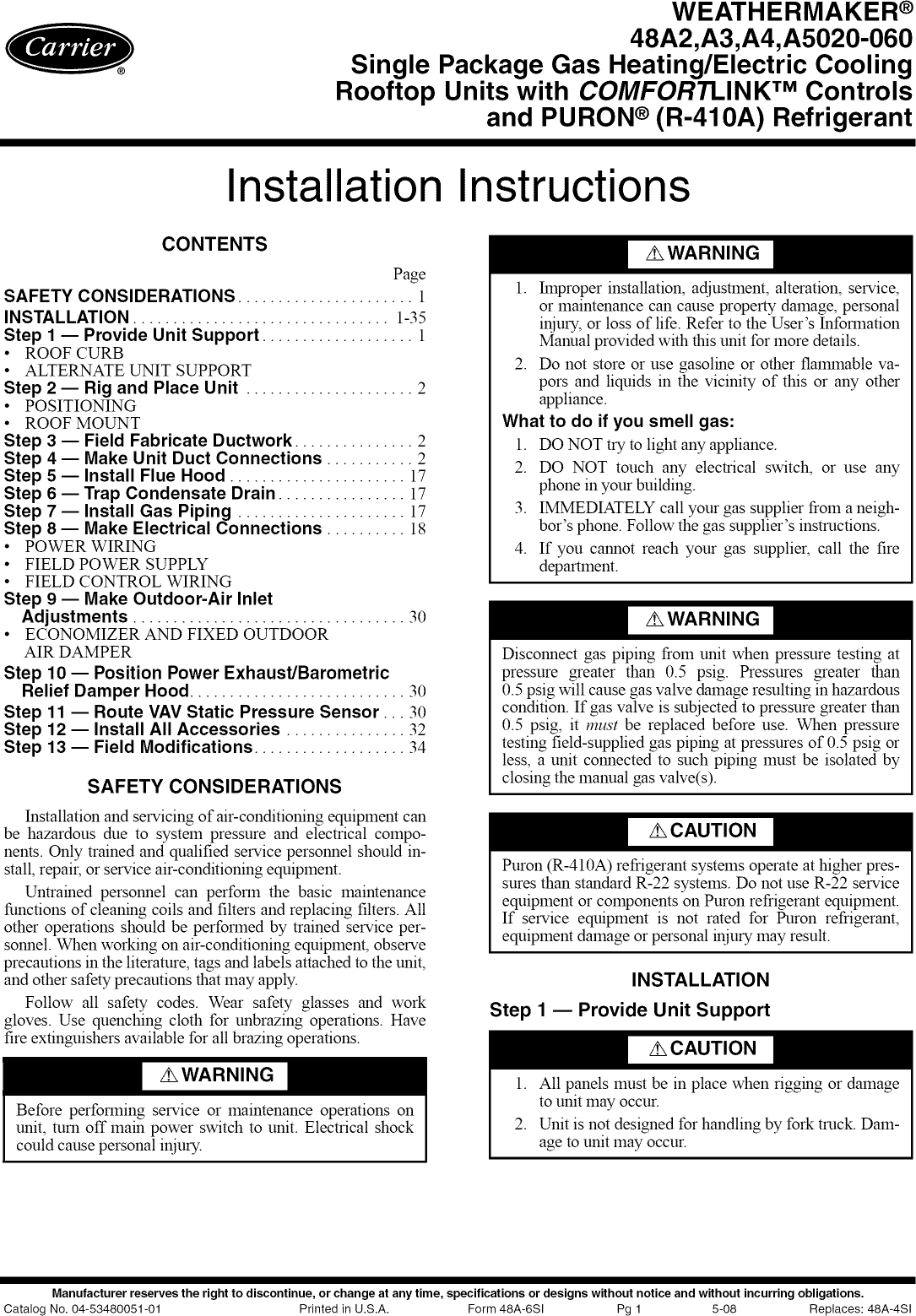 CARRIER Package Units(both Units Combined) Manual L0811828