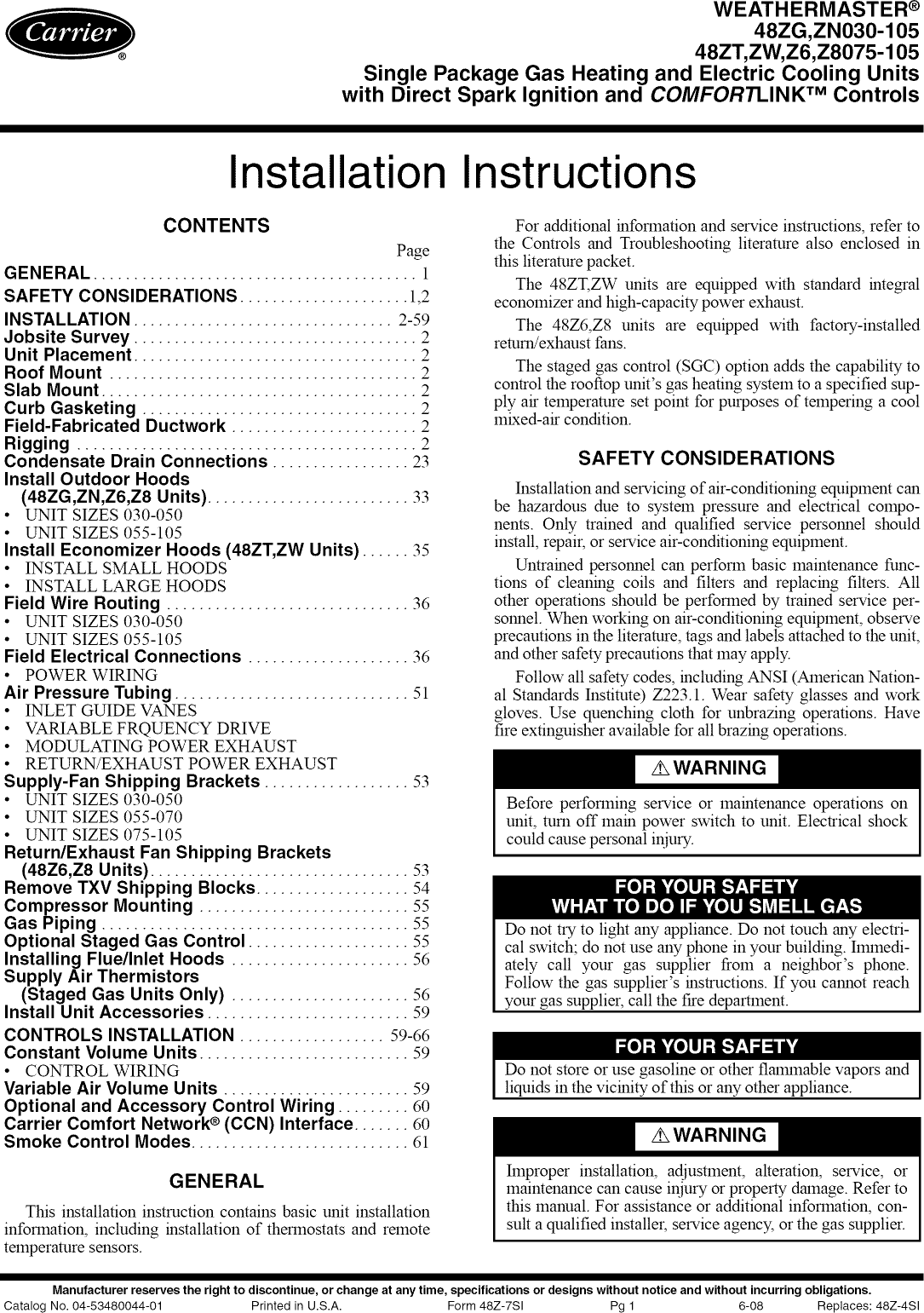 CARRIER Package Units(both Units Combined) Manual L0811829