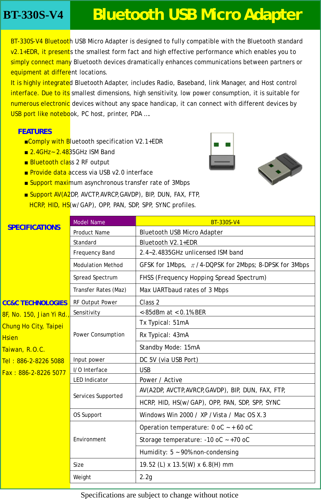 CC and C Technologies BT330SV4 BLUETOOTH USB MICRO ADAPTER User Manual 1