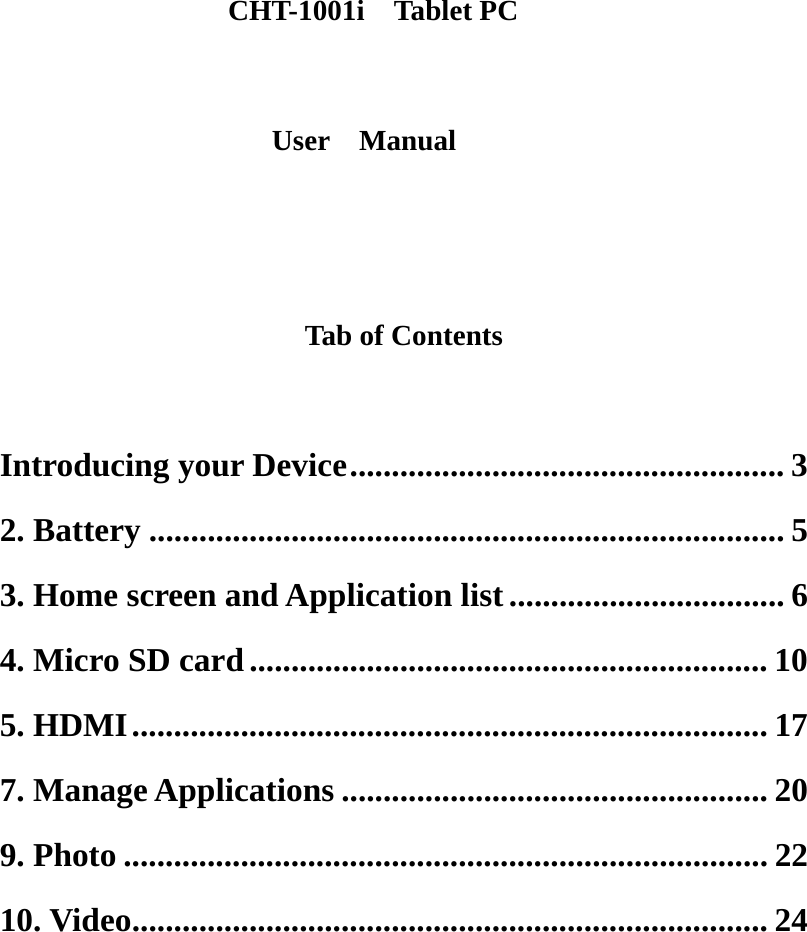 Chitech Technology CHT-1001 Tablet User Manual