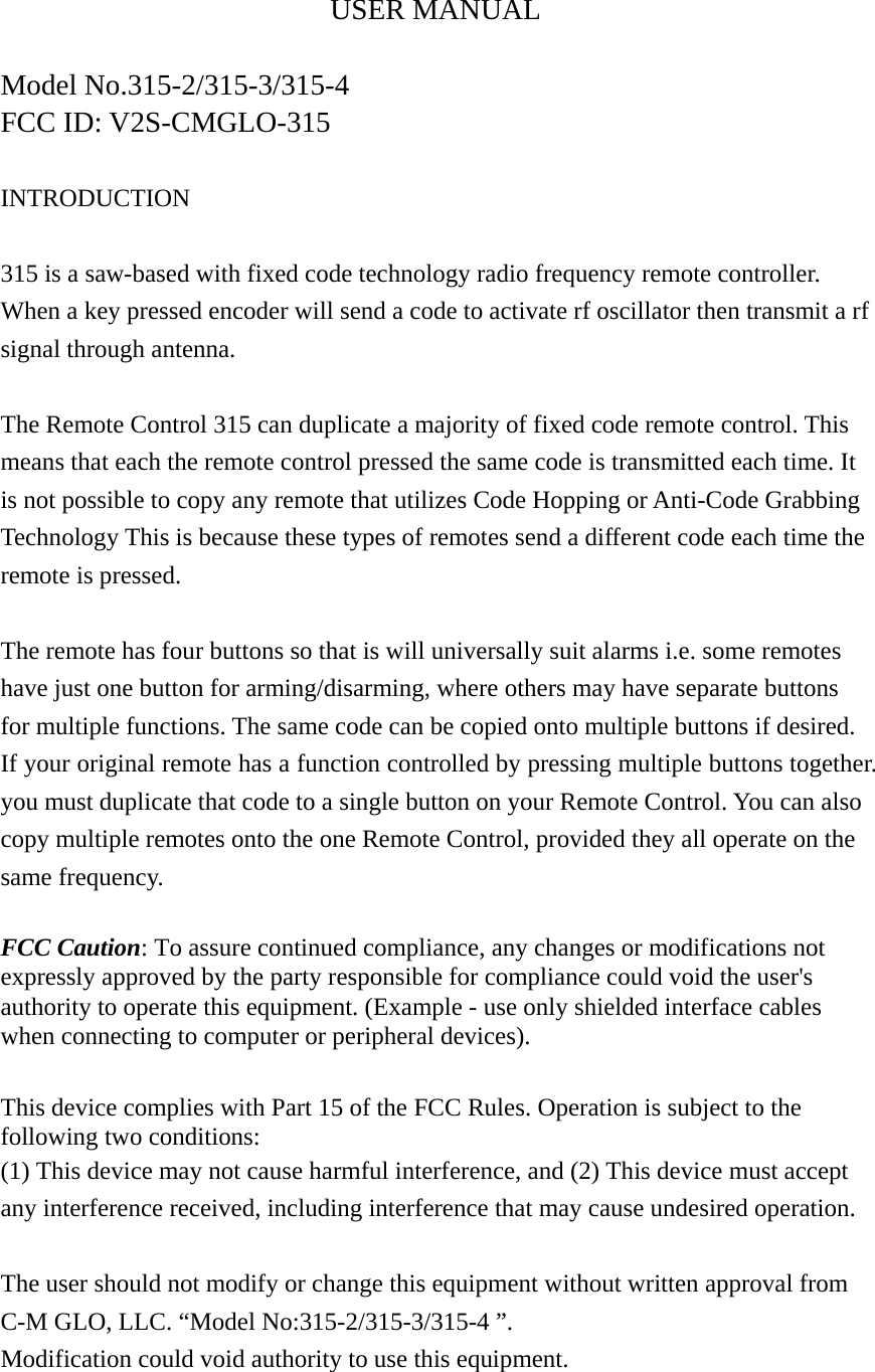 CM GLO CMGLO-315 Remote Control User Manual