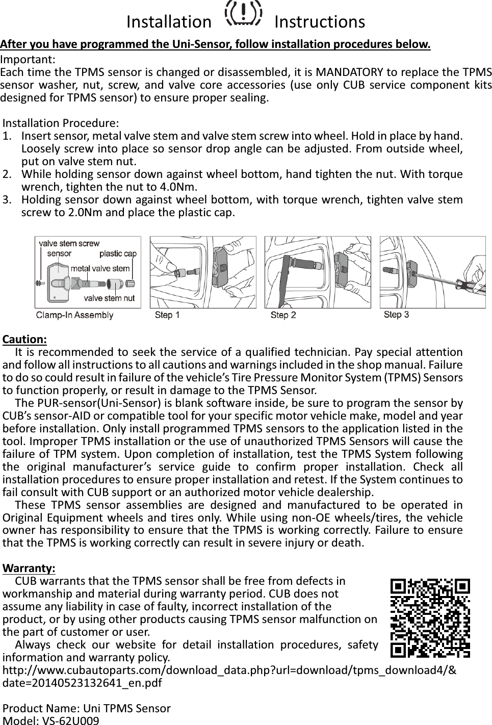 CUB ELECPARTS VS62U009 Uni TPMS Sensor User Manual 5893740