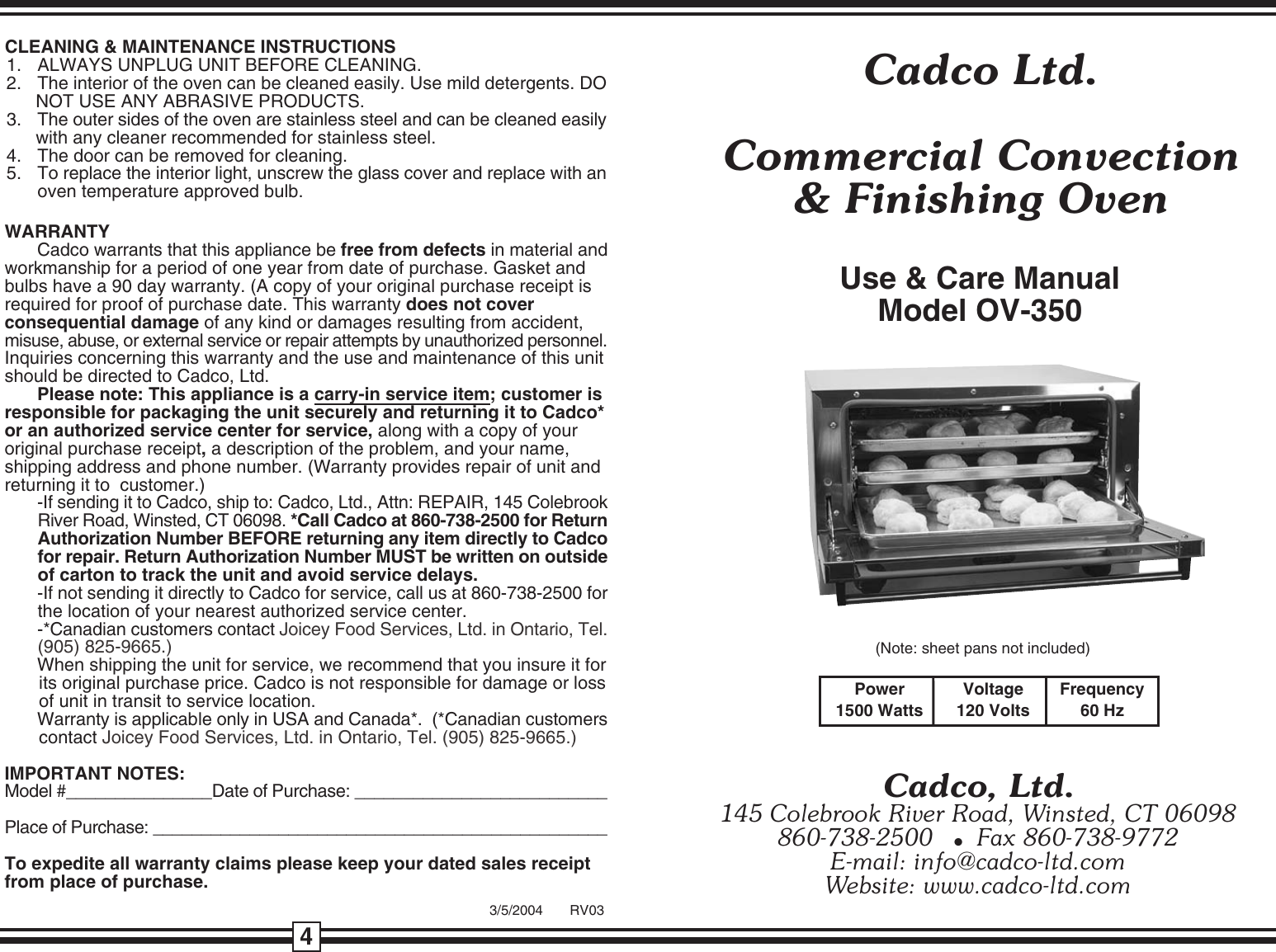 Cadco Ov 350 Users Manual RV03.FH10