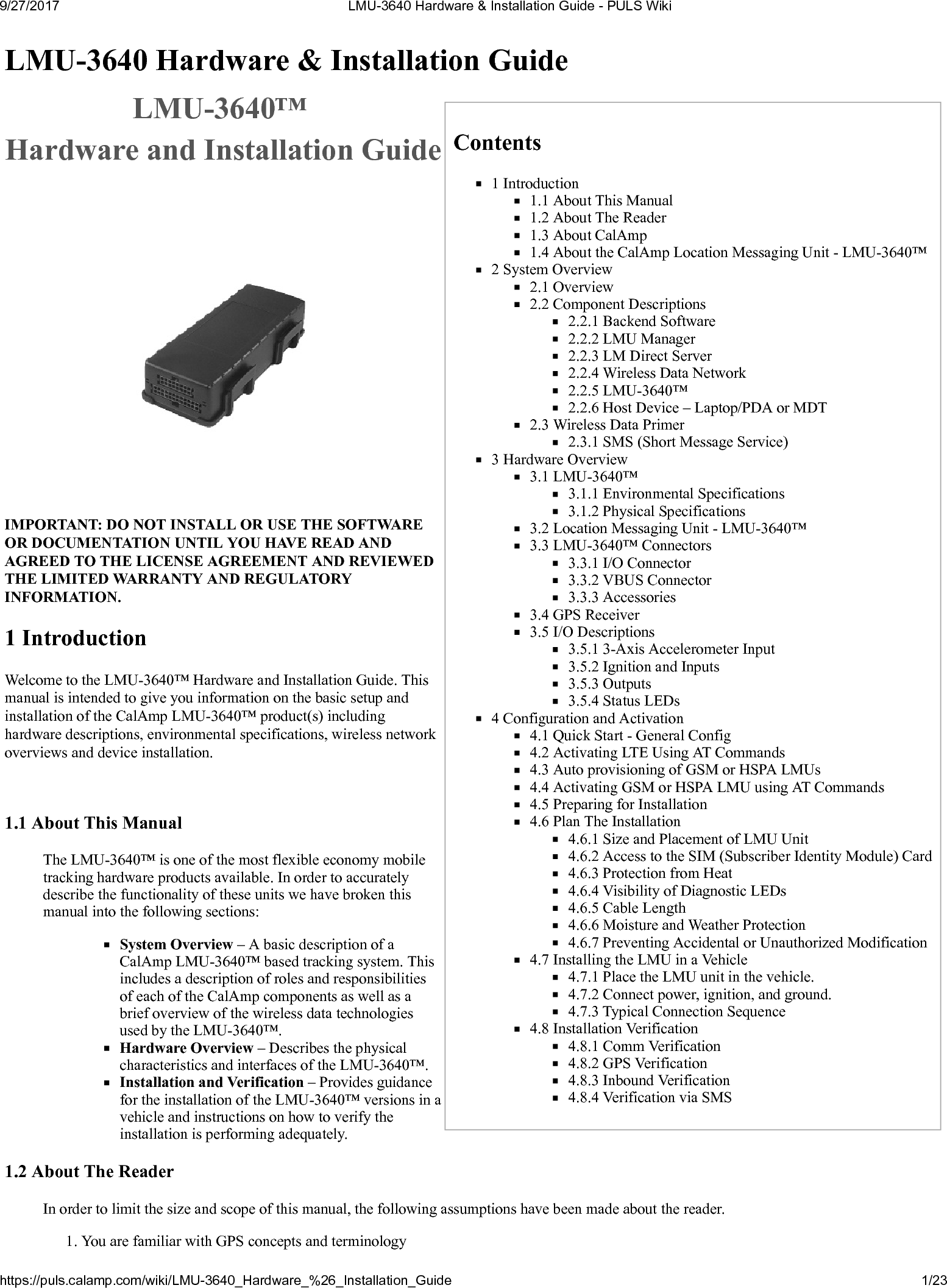 CalAmp 3640HEB Full featured vehicle telematics unit User Manual