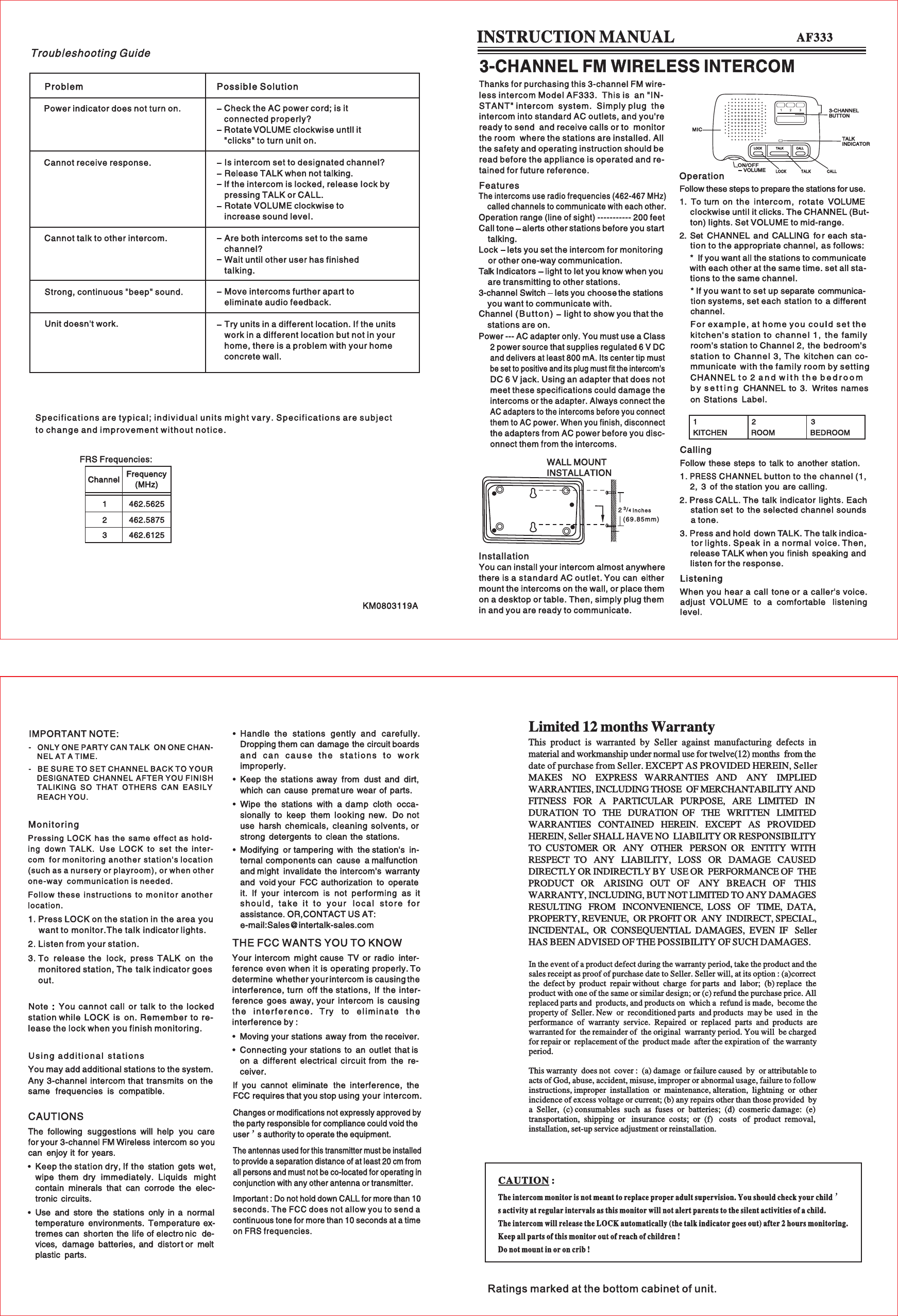 Calford Technology AF333 3 channel FM wireless intercom User Manual 1