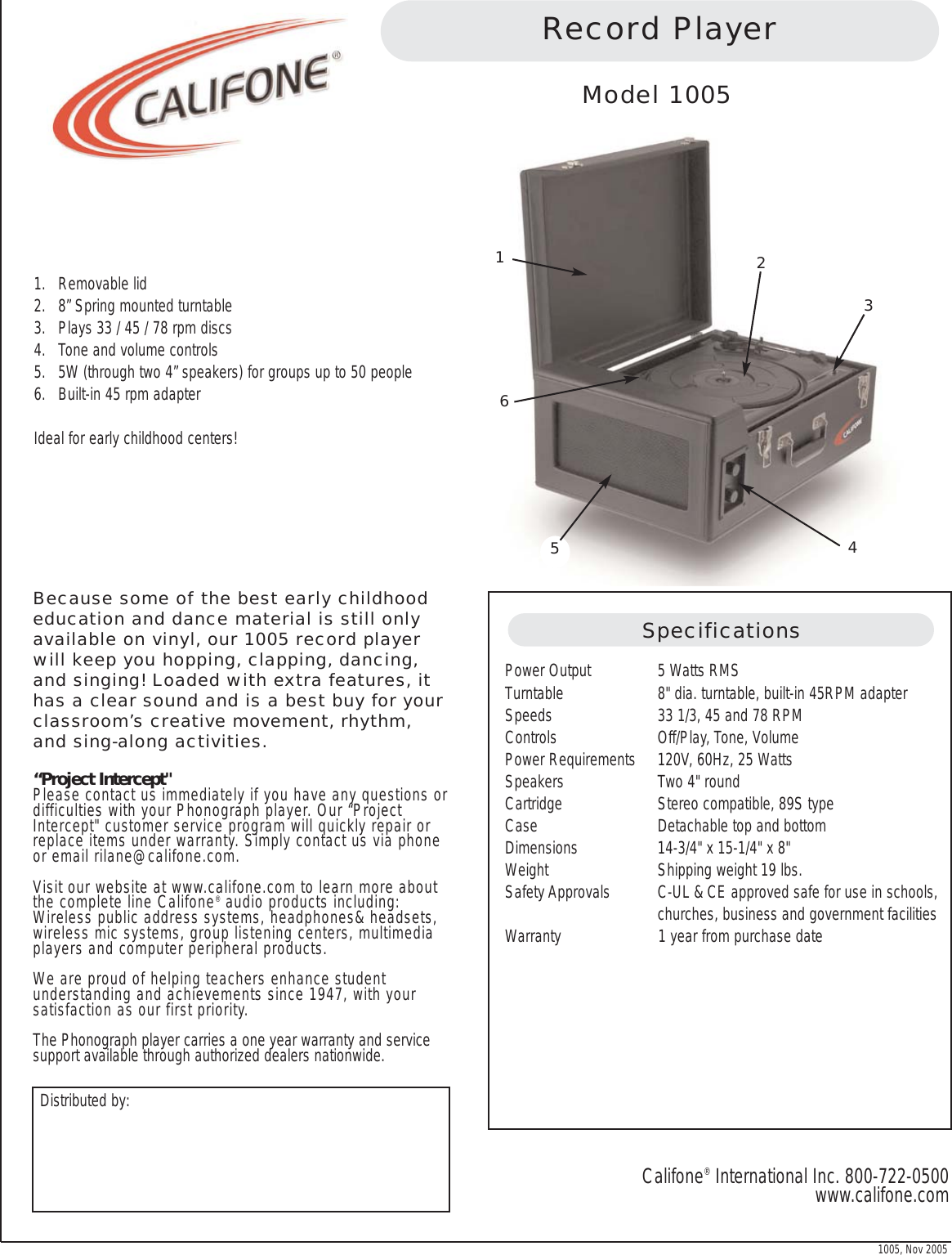 Califone 1005 Users Manual 1005_2006spec