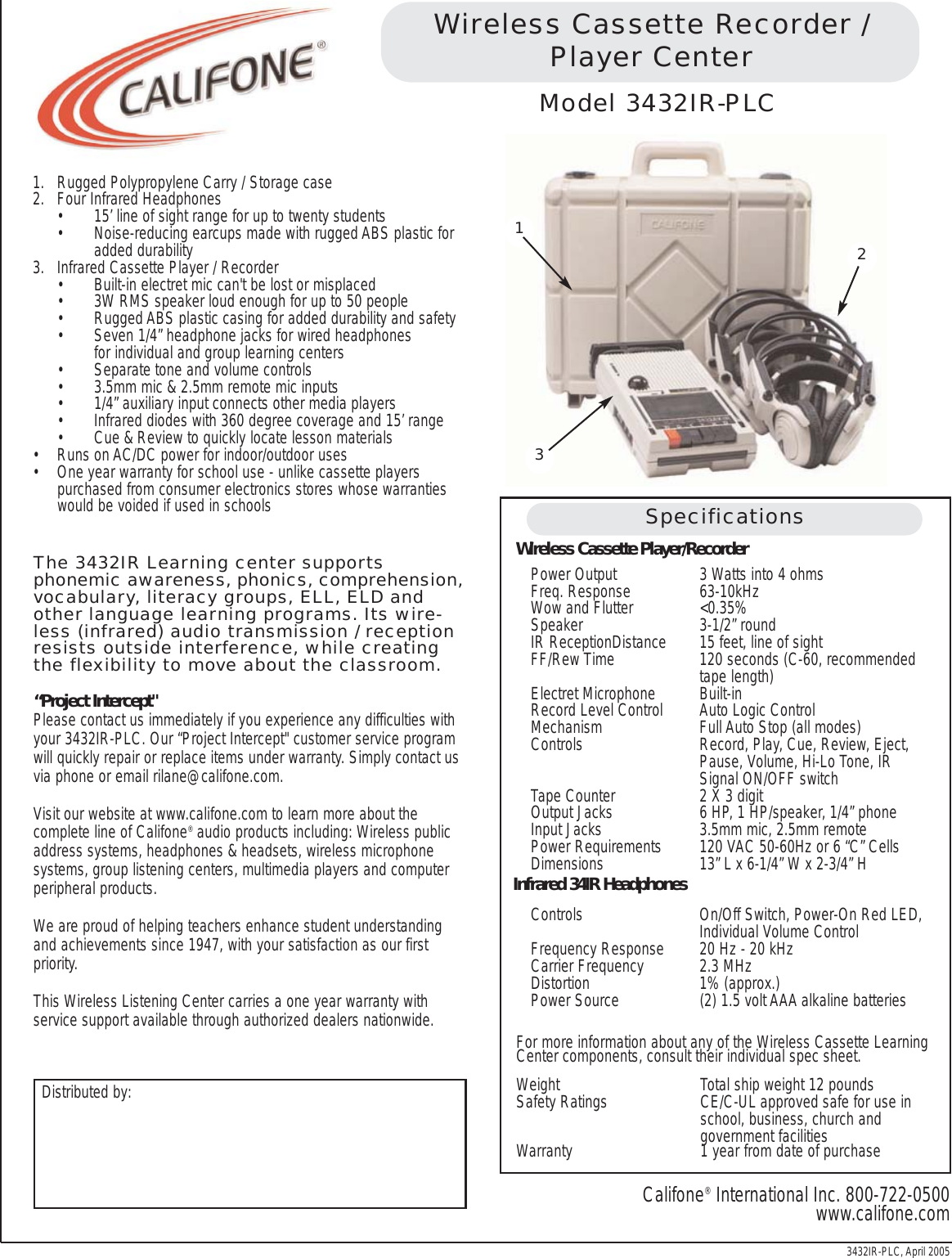 Califone 3432Ir Plc Users Manual 3432IRPLC_2005spec