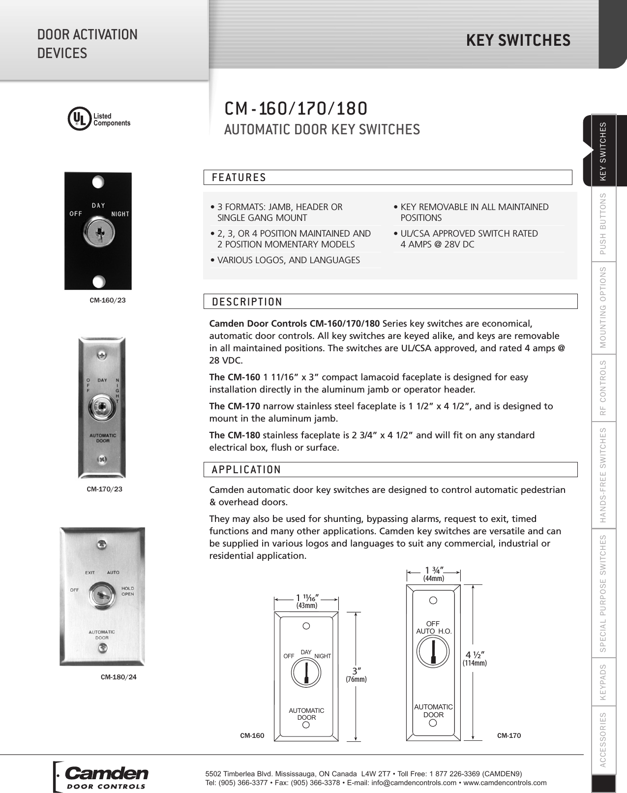 Camden CM 160/170/180 Automatic Door Key Switches 160 170 180 Series ...