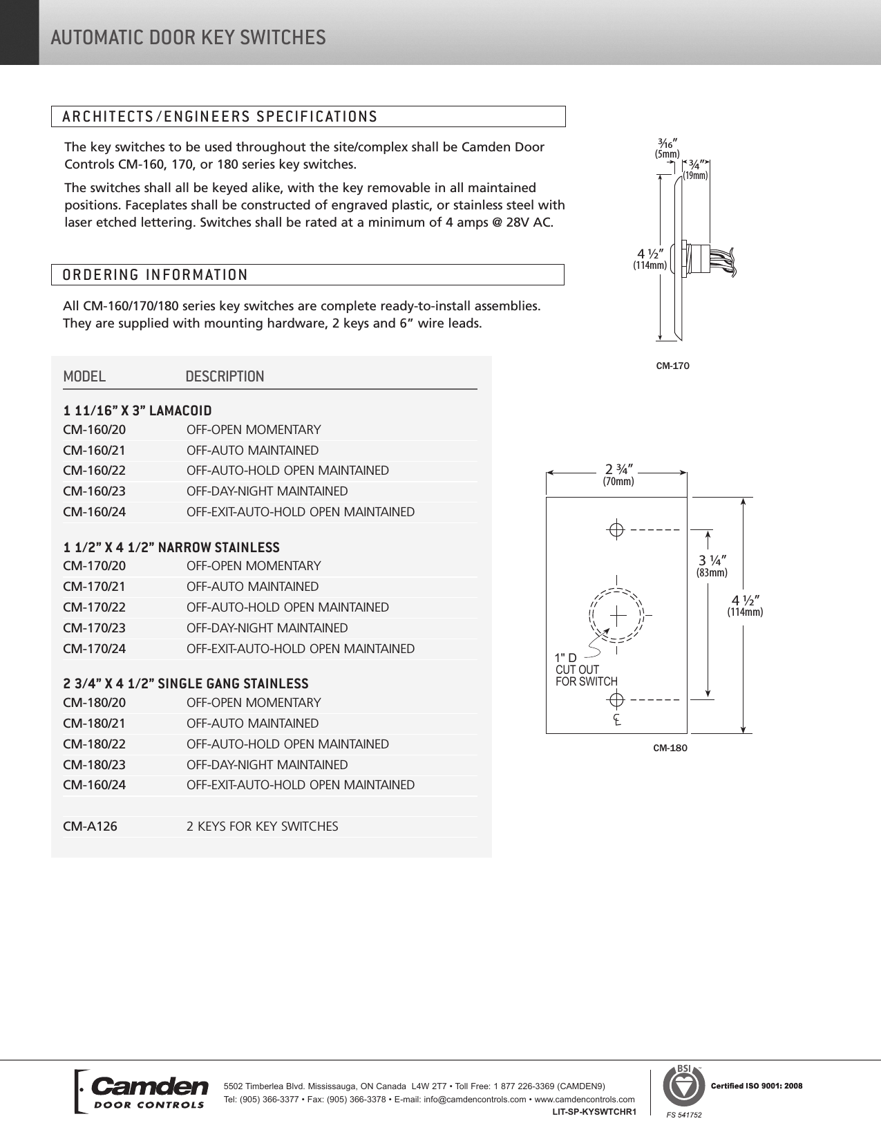 Camden CM 160/170/180 Automatic Door Key Switches 160 170 180 Series ...