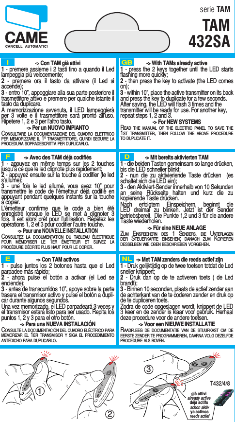 Came Cancelli Automatici TAM2-SA Remote Control Transmitter User Manual