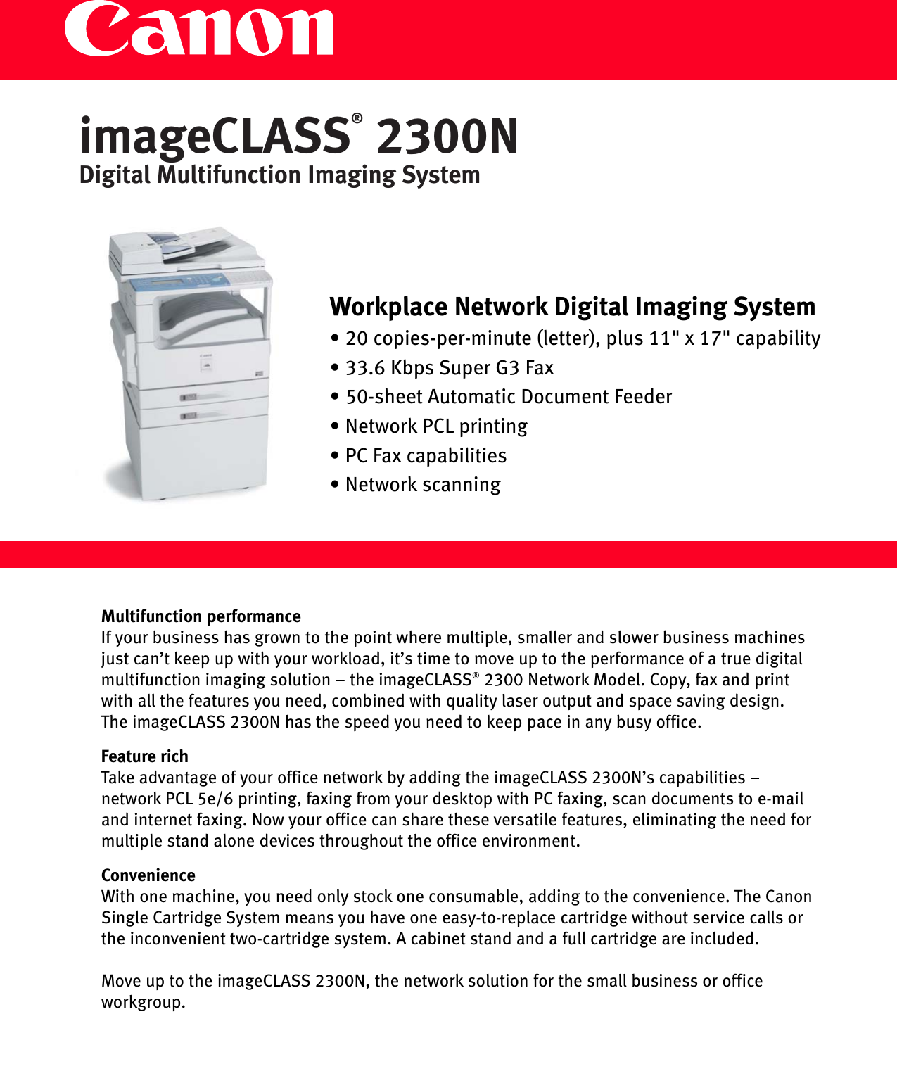 Canon Imageclass 2300N Specifications IC2300 N Spec Sheet