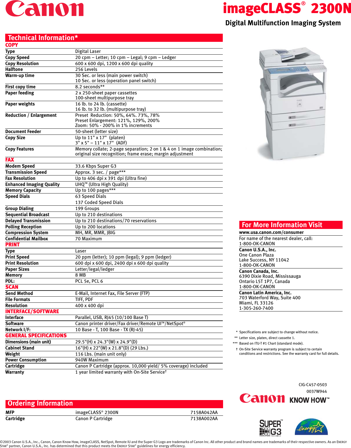 Canon Imageclass 2300N Specifications IC2300 N Spec Sheet
