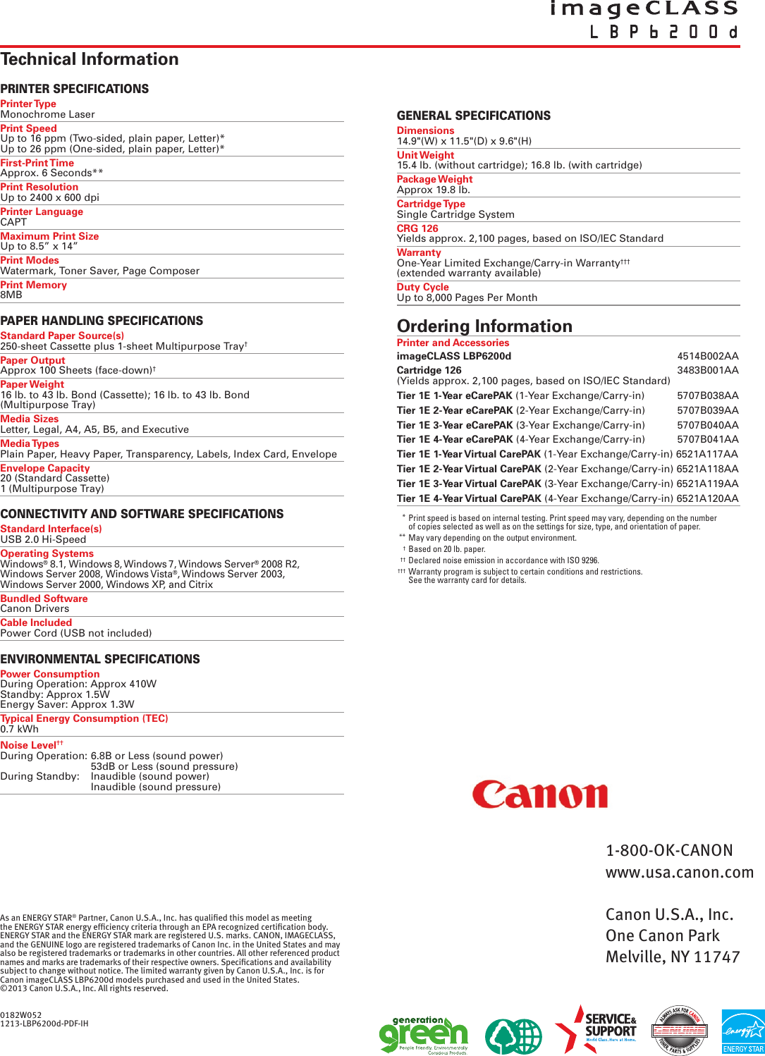 Canon Imageclass Lbp6200D Specification Sheet