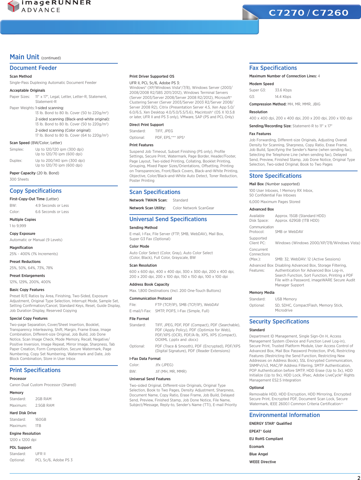 Canon Imagerunner Advance C7260 Specification Sheet