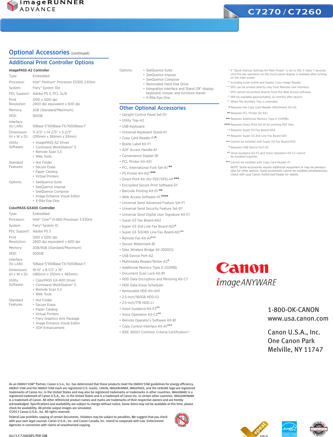 Canon Imagerunner Advance C7260 Specification Sheet