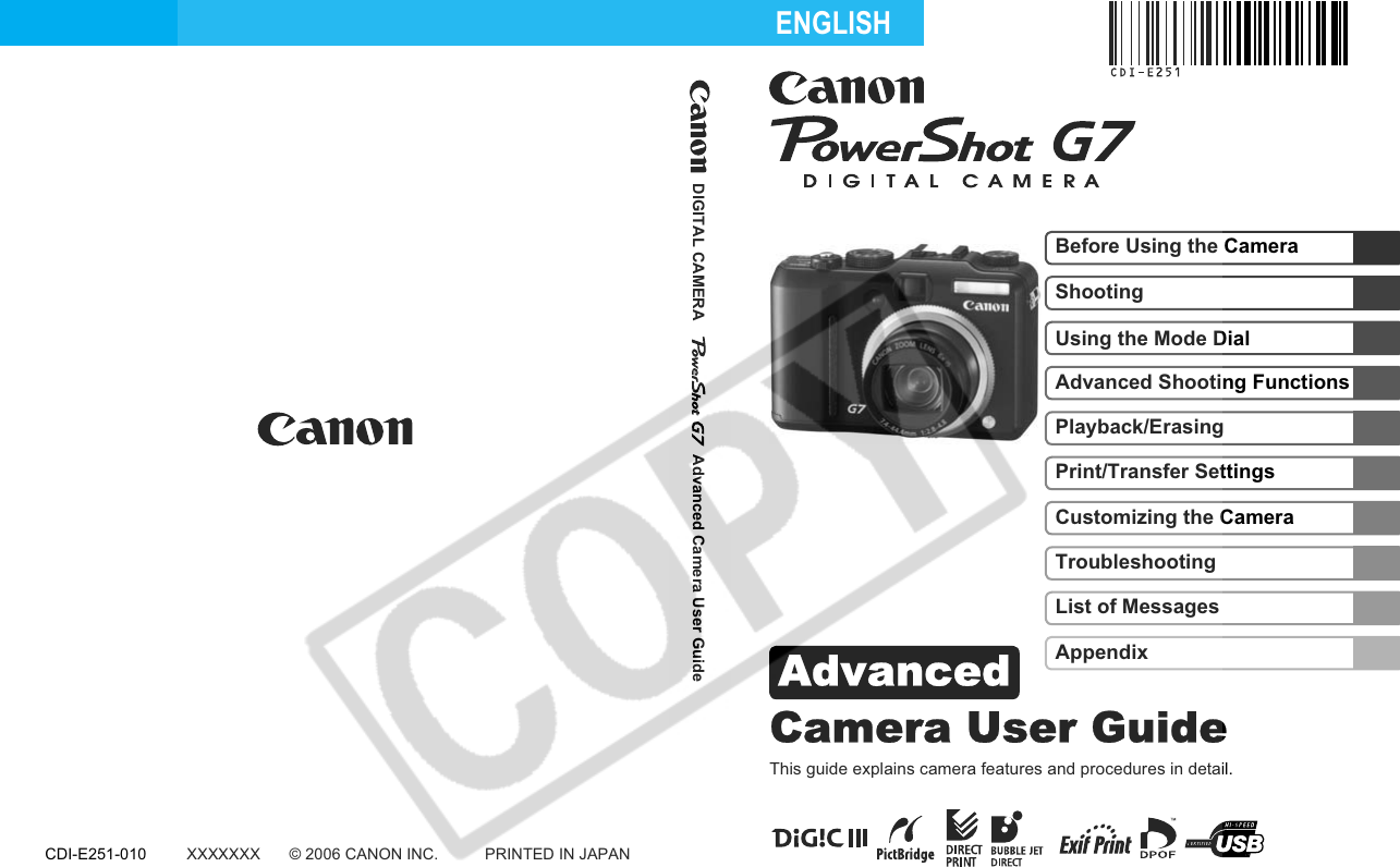 Canon Powershot G7 User Guide Cover Advanced_Eng