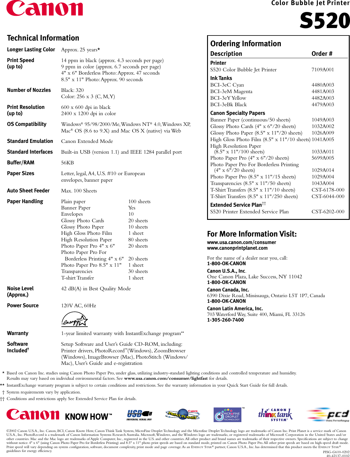 Canon S520 Specifications