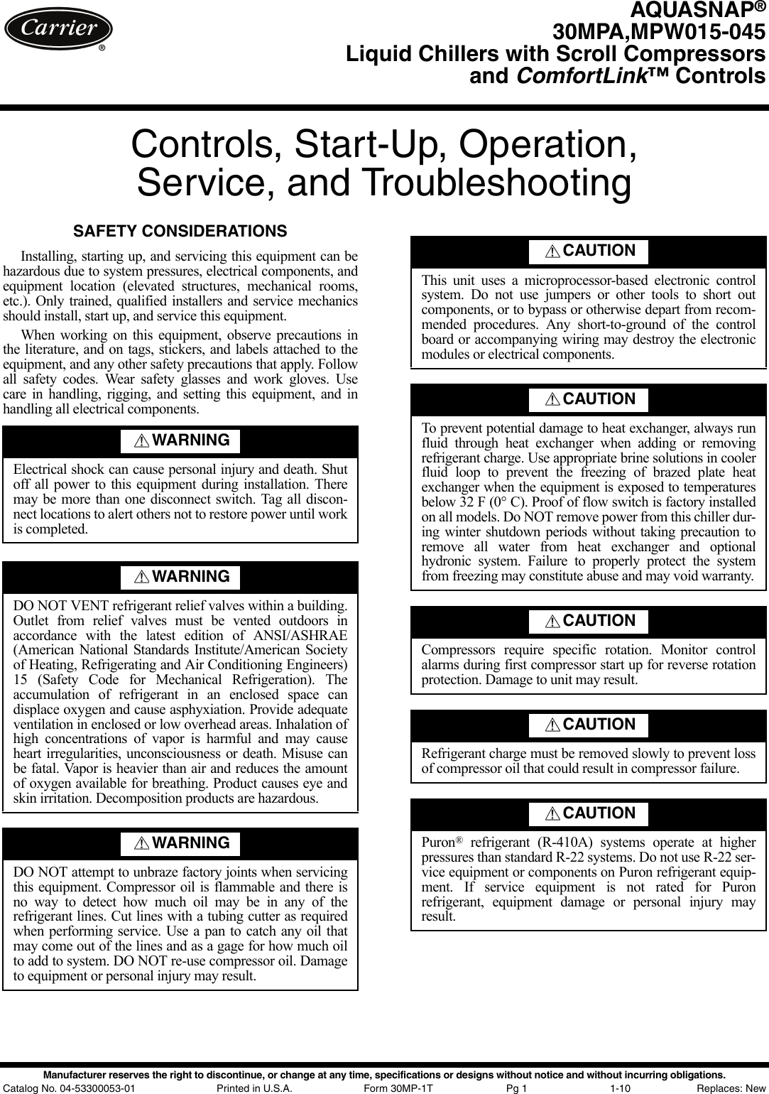 Carrier Aquasnap Mpw015 045 Users Manual 30mp 1t