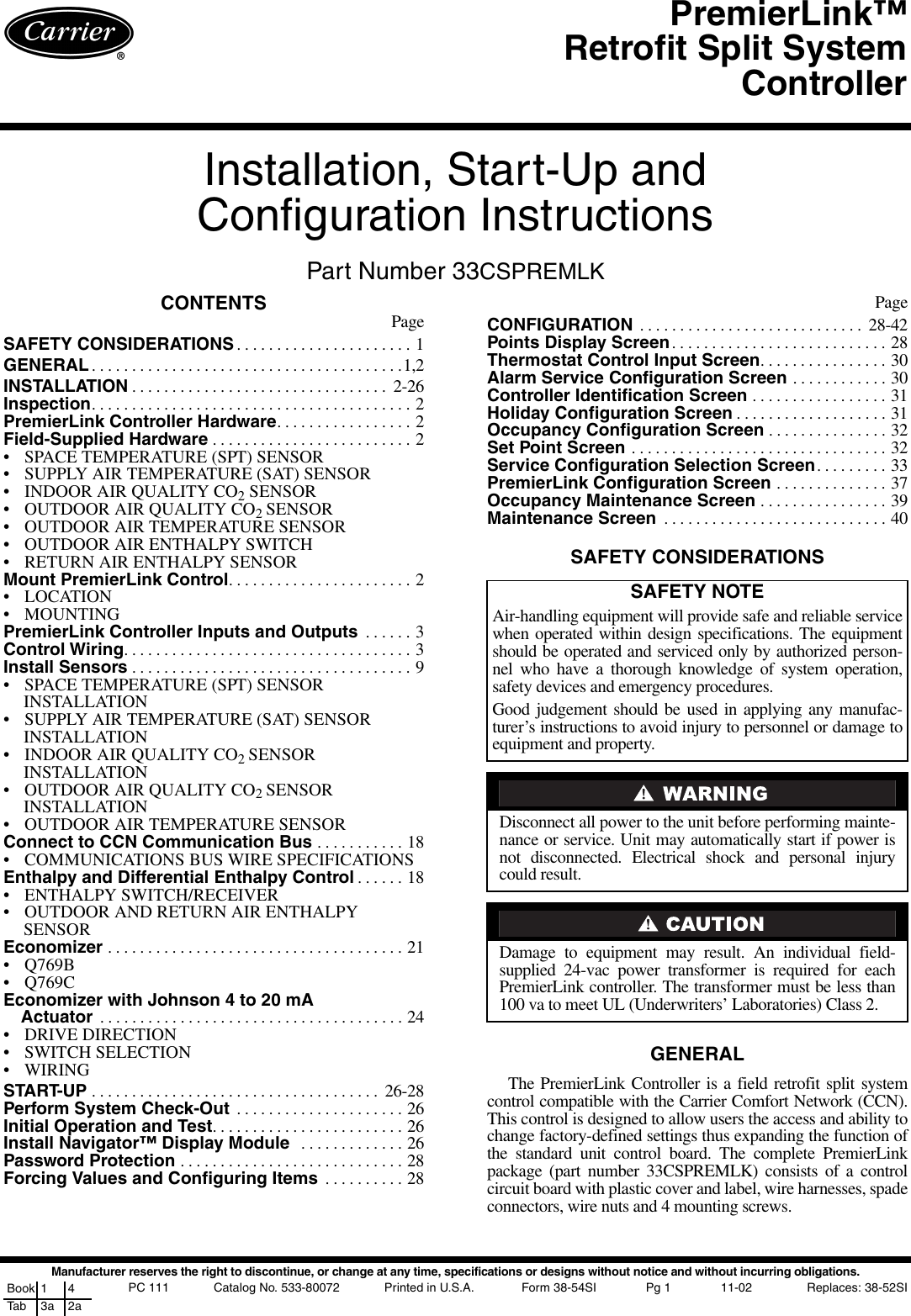 Carrier Premierlink 33Cspremlk Users Manual