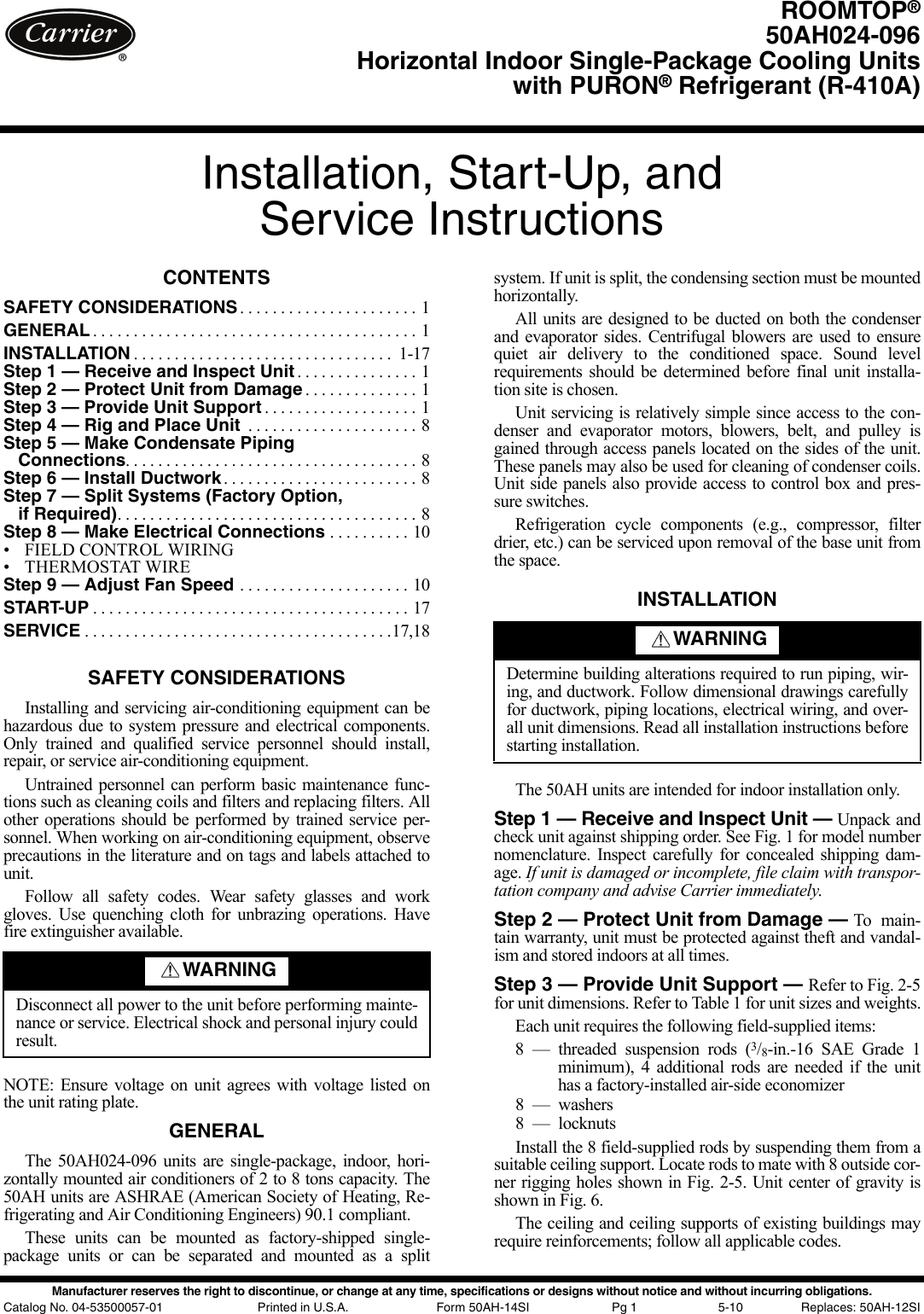 Carrier Roomtop 50Ah024 096 Users Manual 50ah 14si