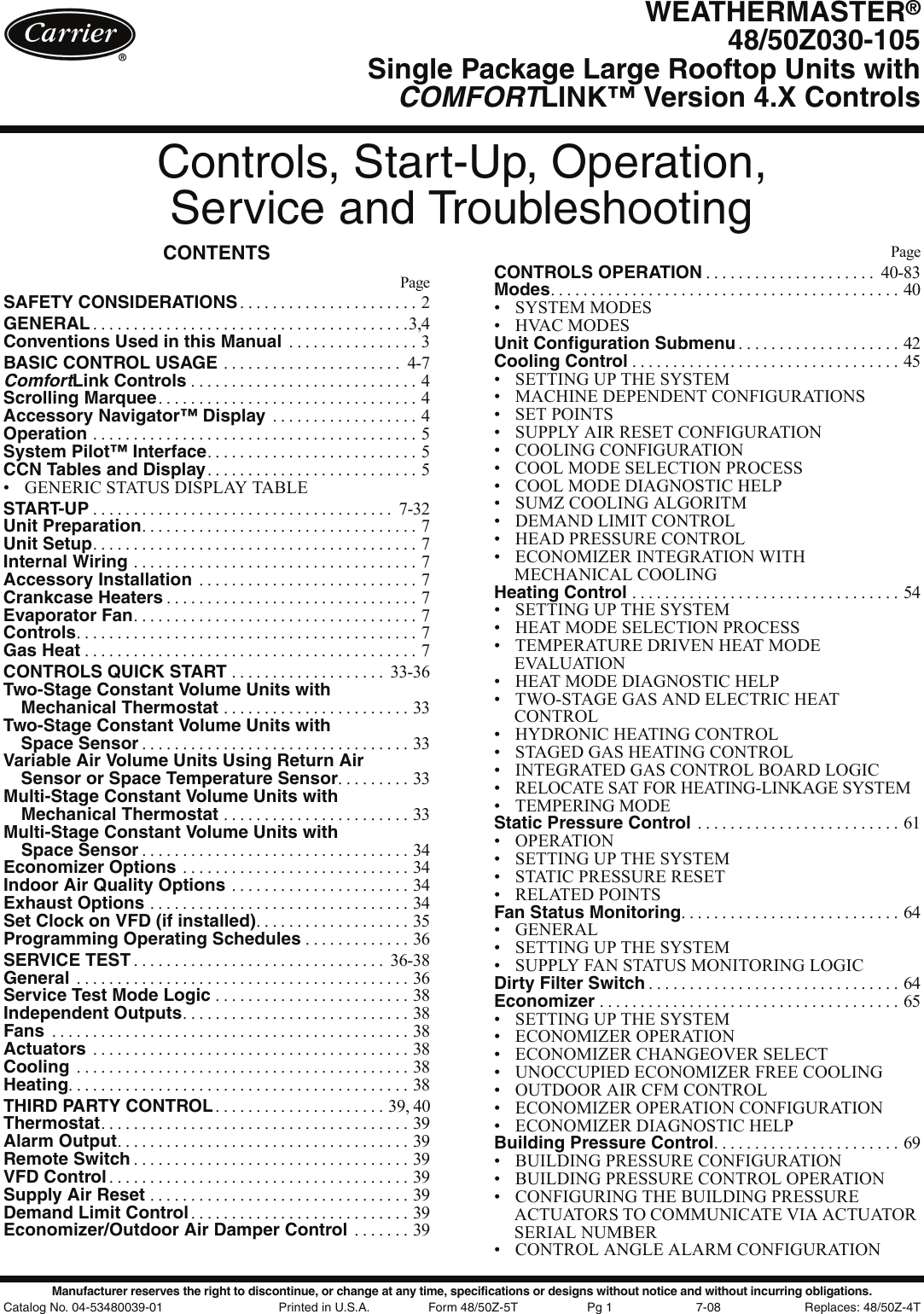Carrier Weathermaster 48 50Z030 105 Users Manual 48_50z 5t