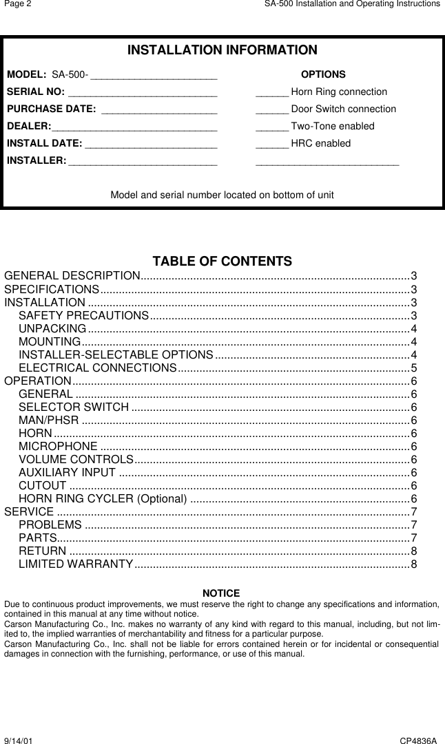 Carson Optical Siren Amplifier Sa 500 Users Manual 10