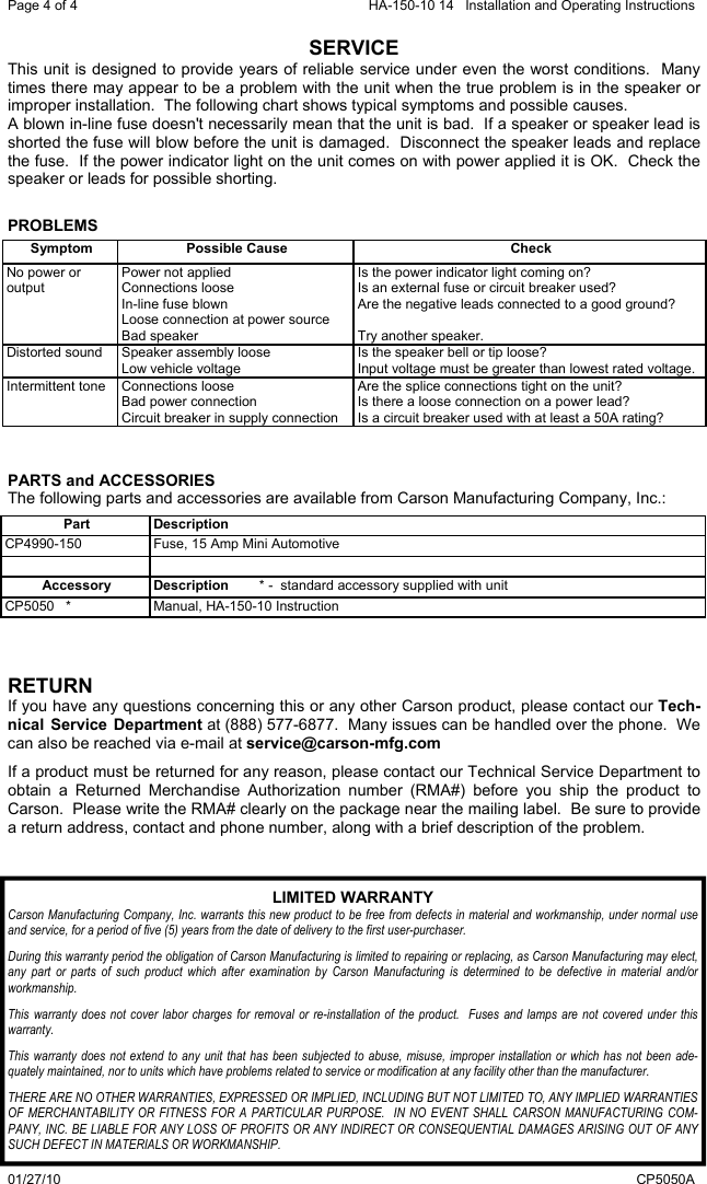Carson Stereo Amplifier Ha 150 10 Users Manual
