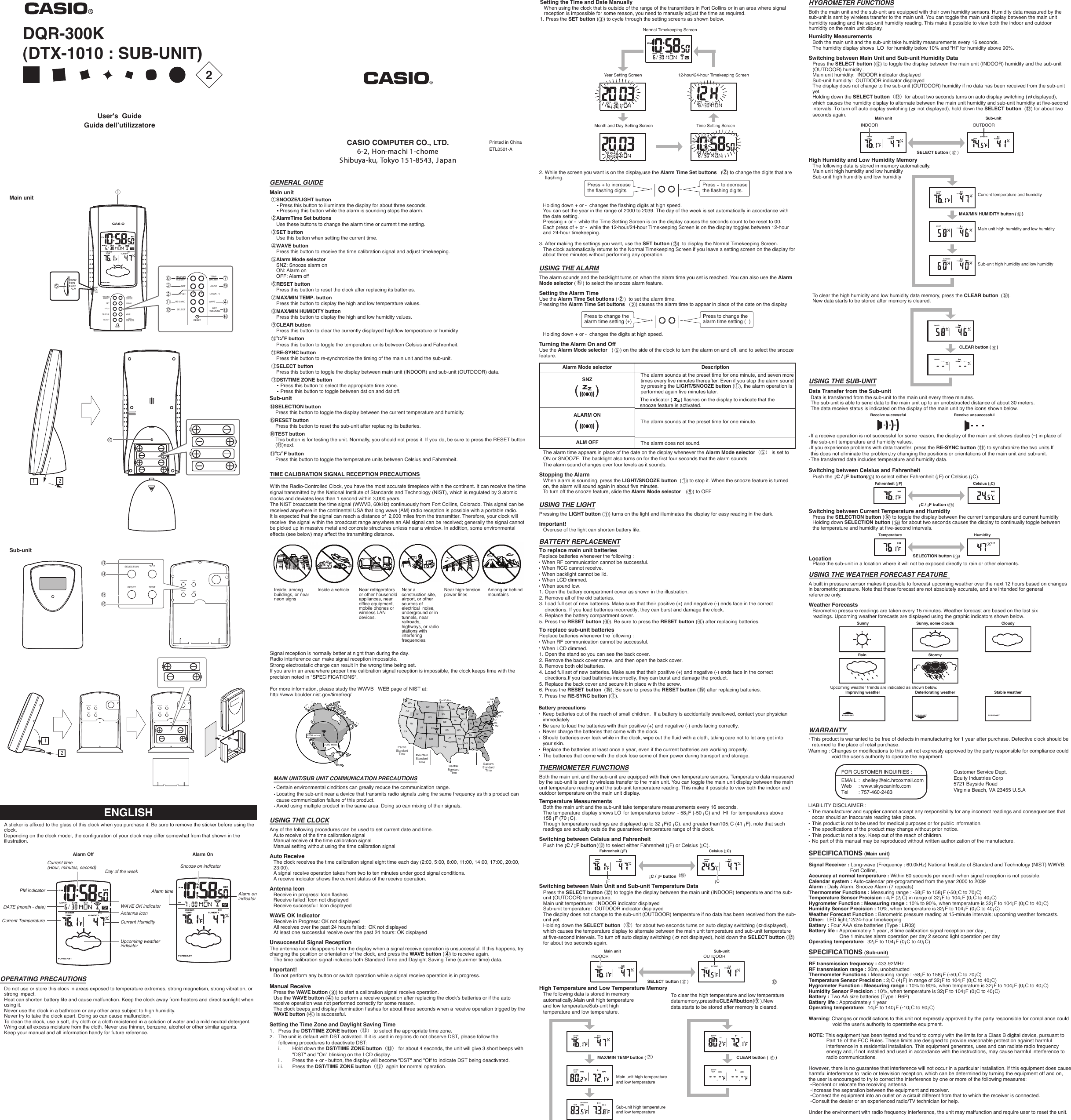 Casio Computer DTX1010 1 433MHz RF Thermo Hygro Transmitter User