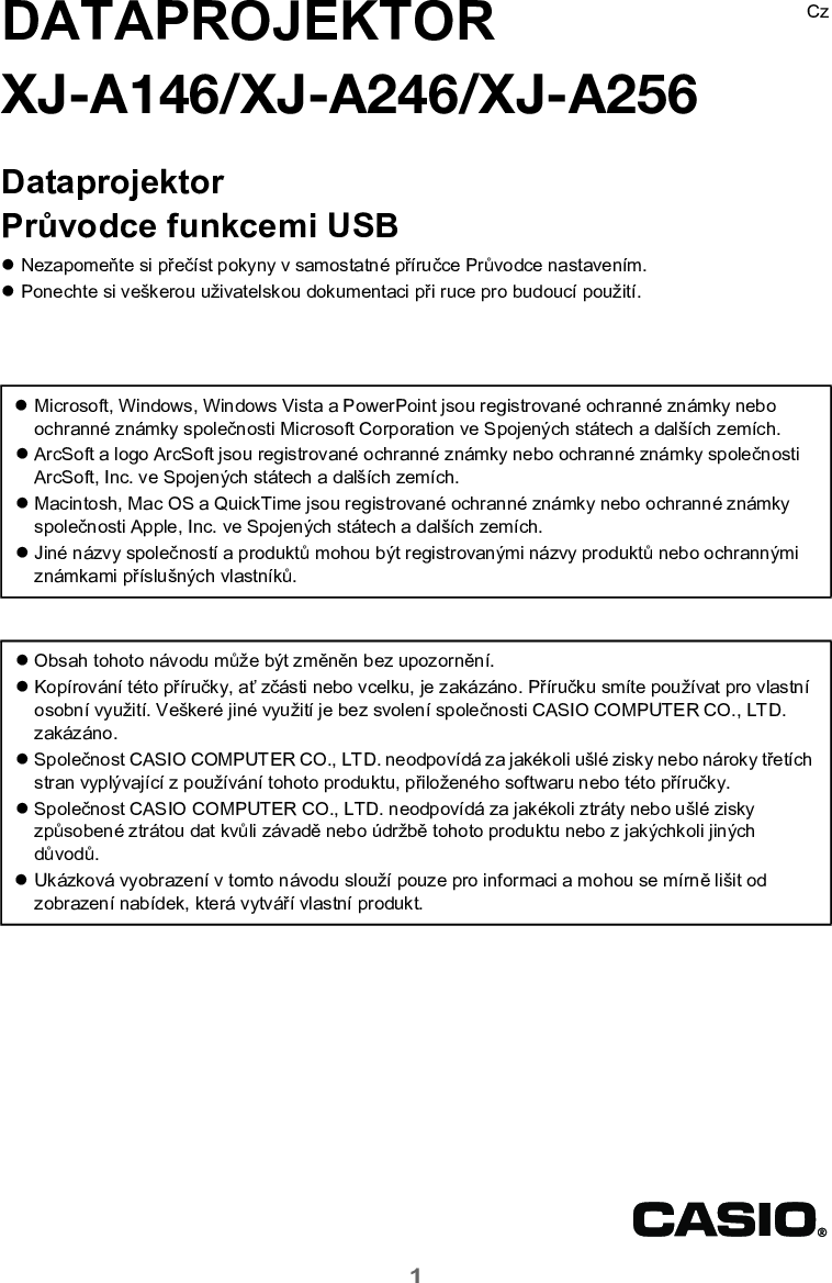 Casio XJ A146/XJ A246/XJ A256 A256_USB_Guide_Czech USB Guide Czech CS