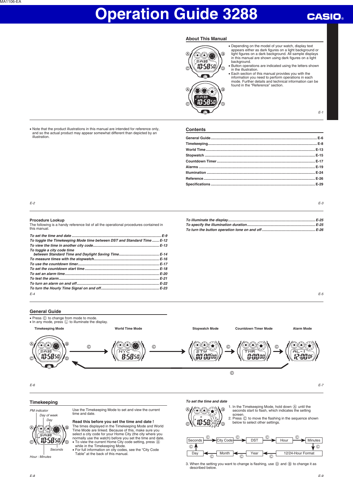 Casio Clock E 9 Users Manual QW 3288